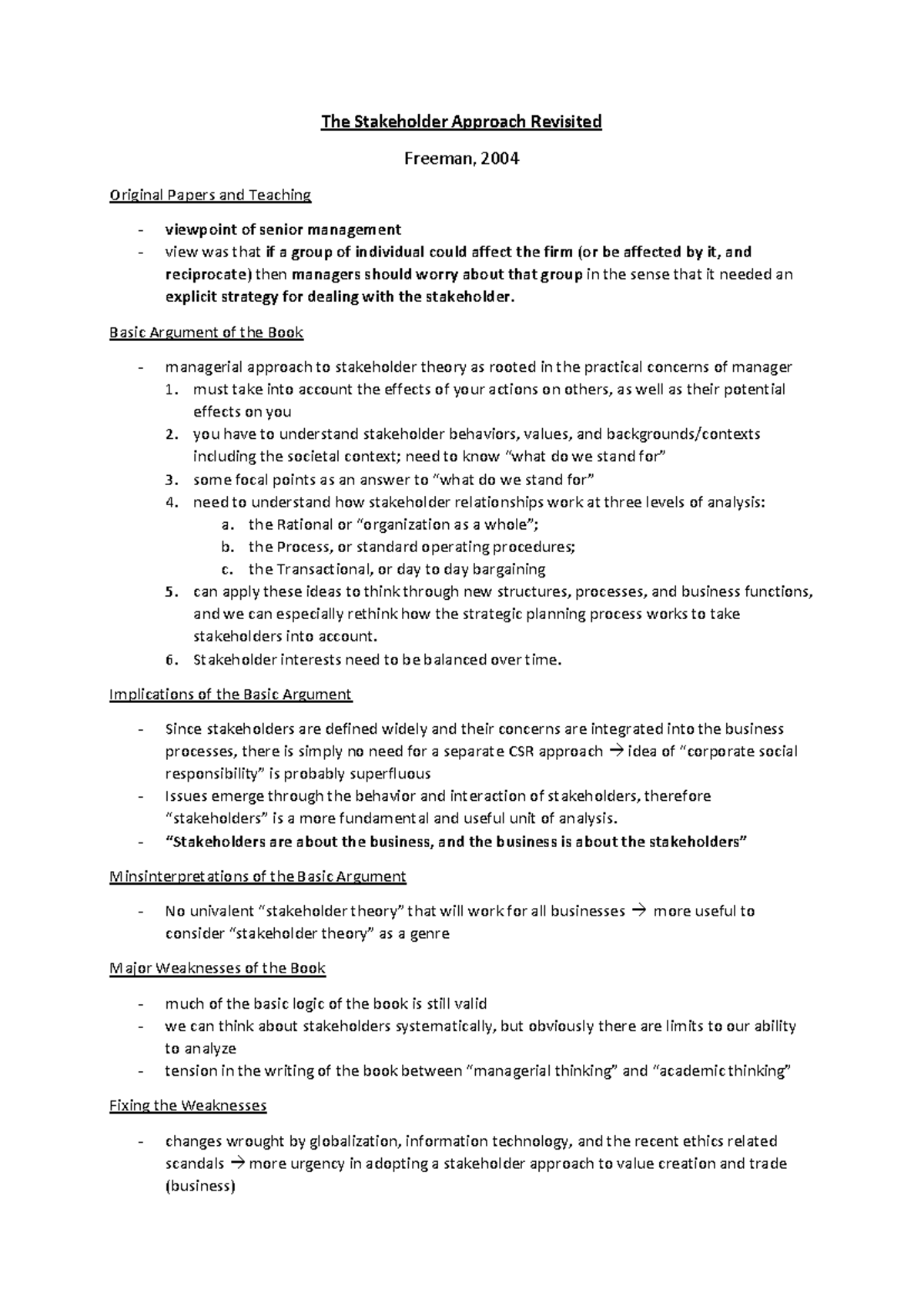 Freeman, 2004 - Revisiting the Stakeholder Approach: Insights ...