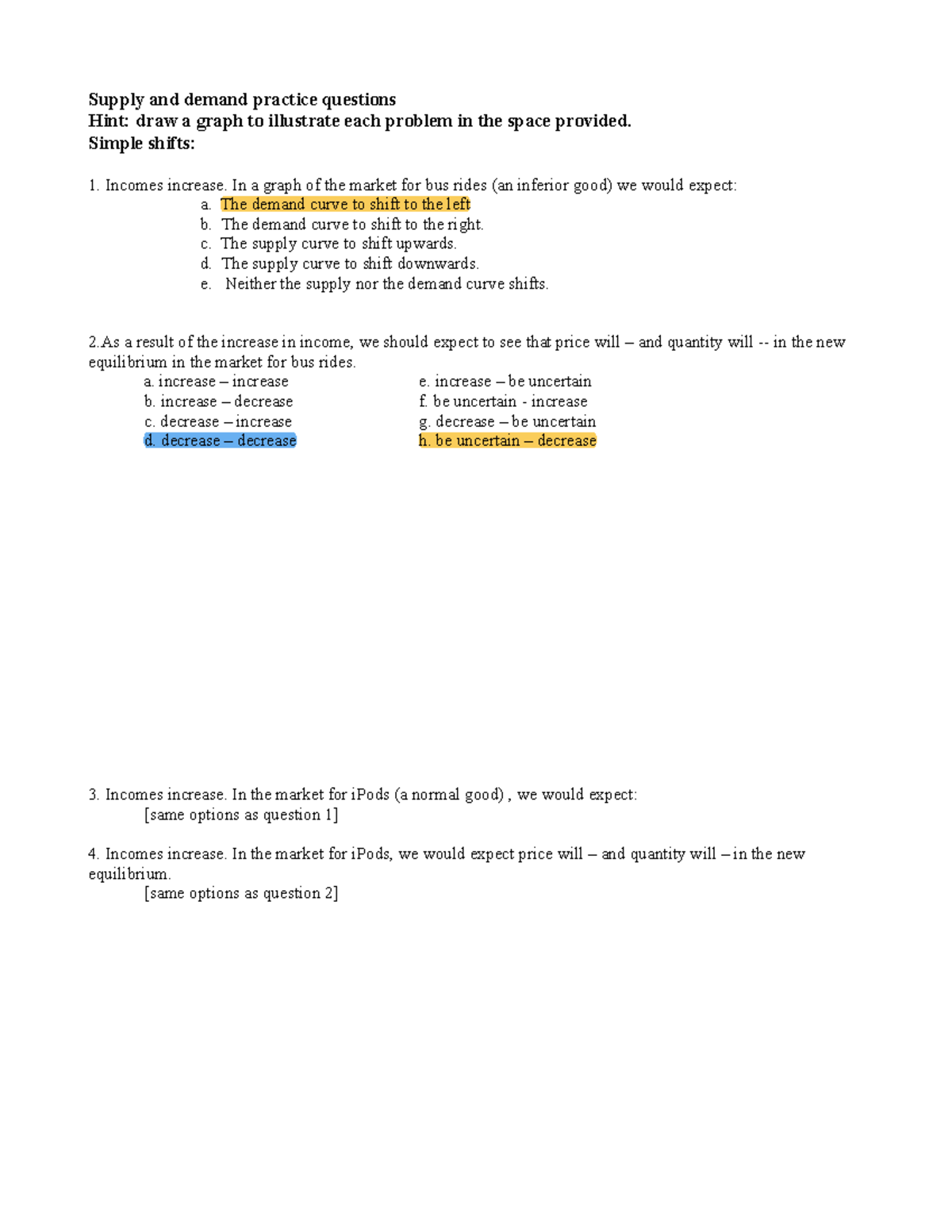 Practice Questions on Supply & Demand - Microeconomics (Micro 101 ...