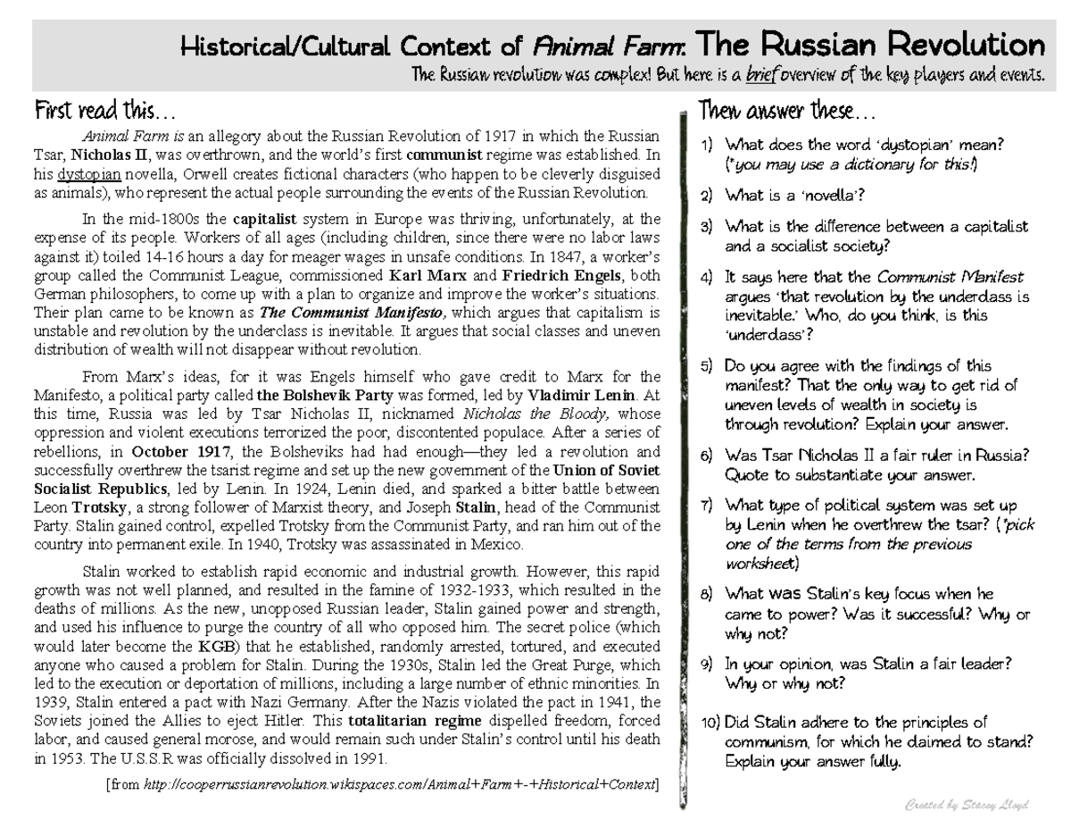 L3 - Russian Revolution Comprehension Worksheet - Historical/Cultural ...