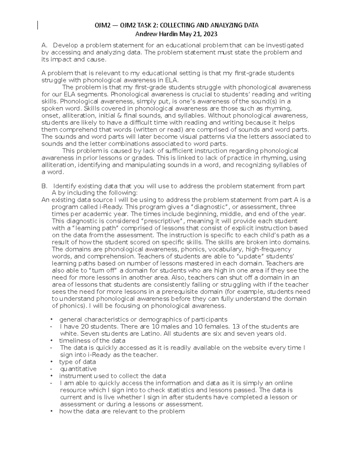 D179 Task 2 - Collecting and Analyzing Data - Andrew Hardin May 21 ...