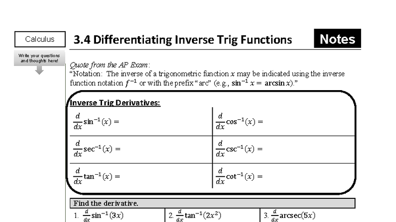 Calc 3 - Notes on Differentiating Inverse Trig Functions - Studocu