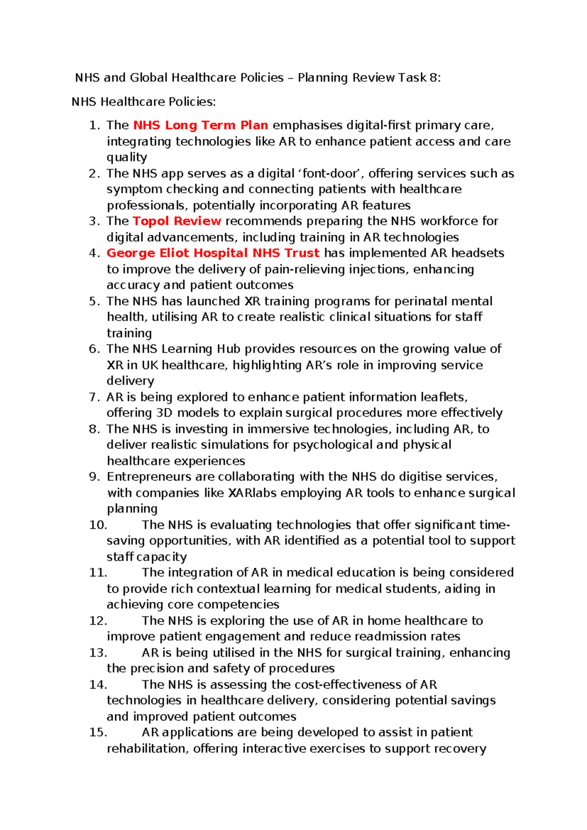 NHS & Global Healthcare Policies: Planning Review Task 8 Insights - Studocu