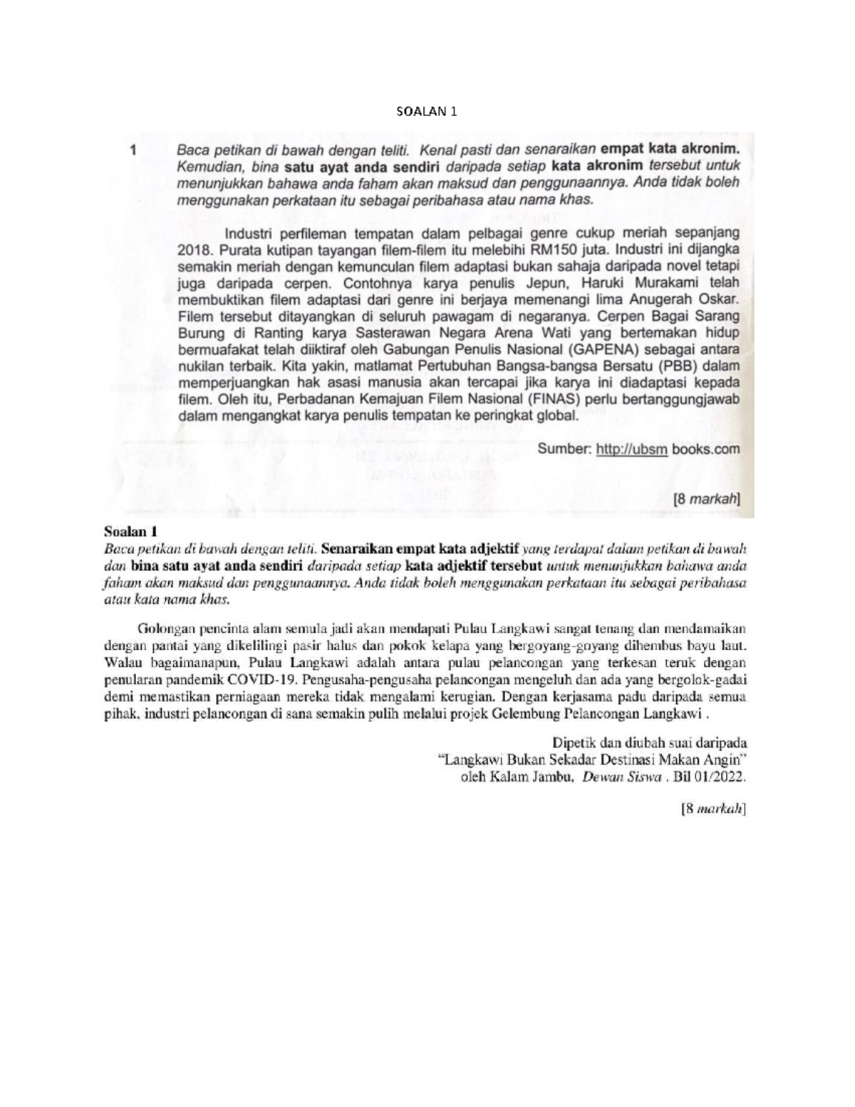 Soalan 1: Senaraikan Kata Akro dan Adjektif dalam Petikan - Studocu