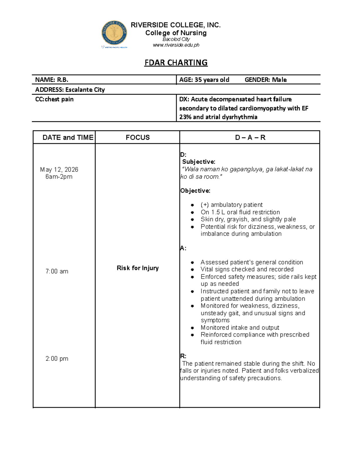 FDAR Charting: Risk for Injury Assessment in Nursing Care - Studocu