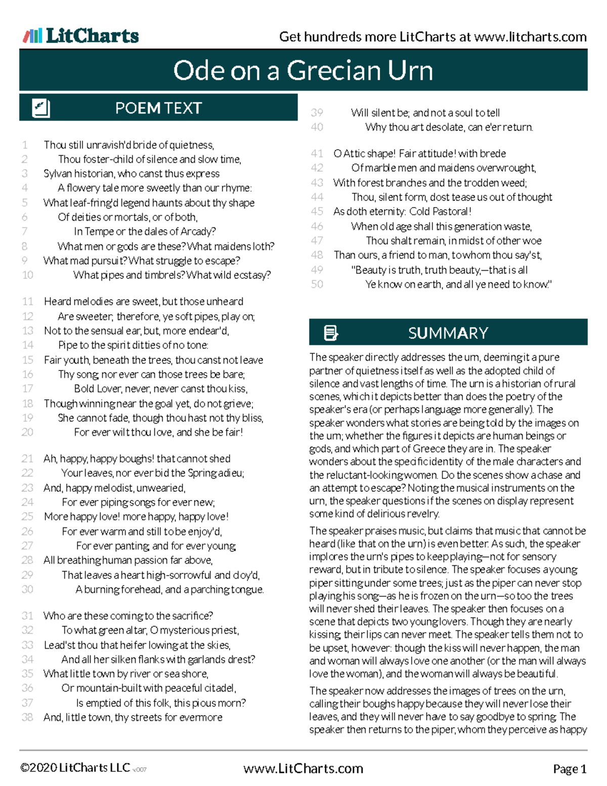 LitCharts Study Guide: Ode on a Grecian Urn Analysis - Studocu