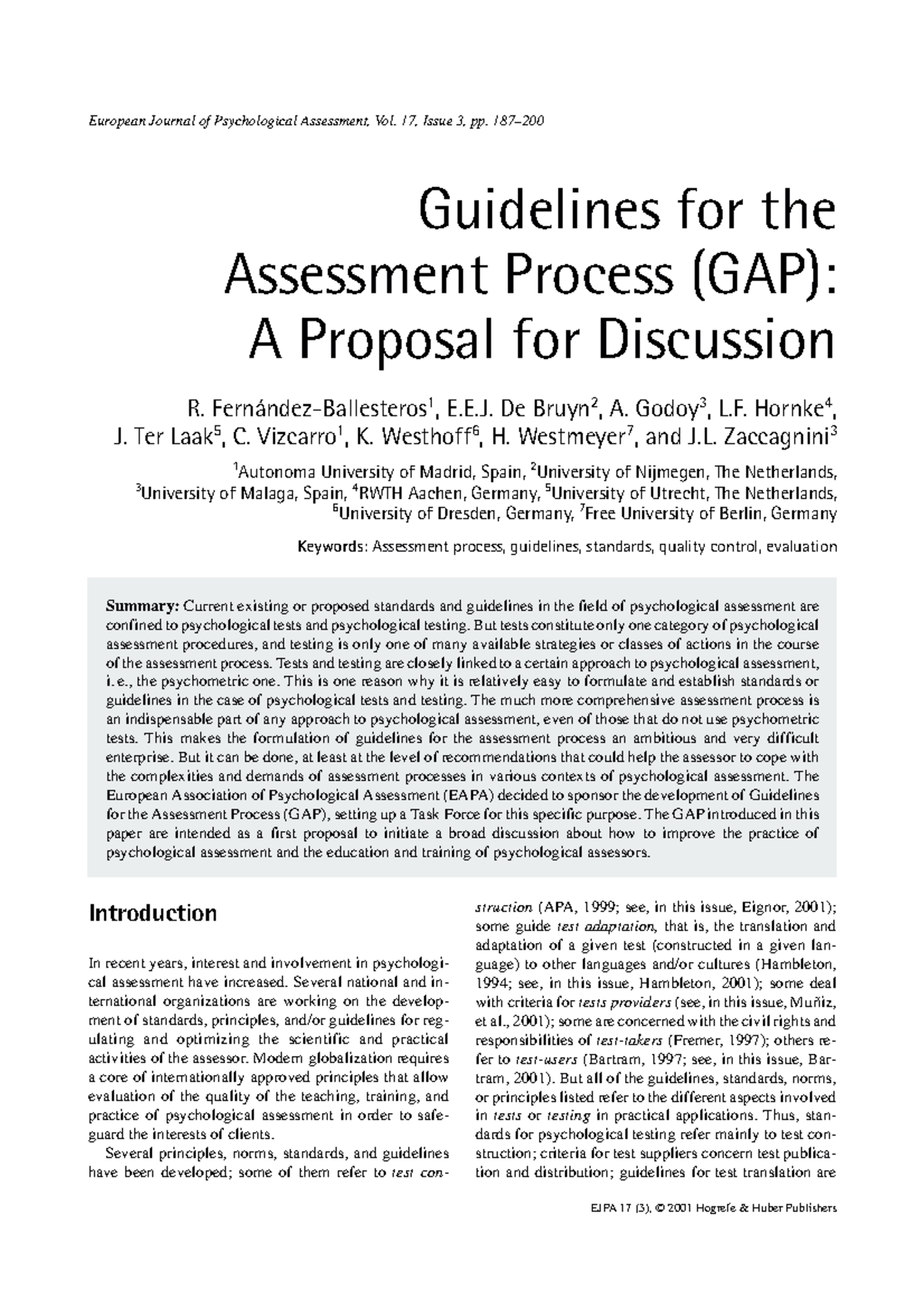 EJPA 17 (3) 2001: Guidelines for the Assessment Process (GAP) - Studocu