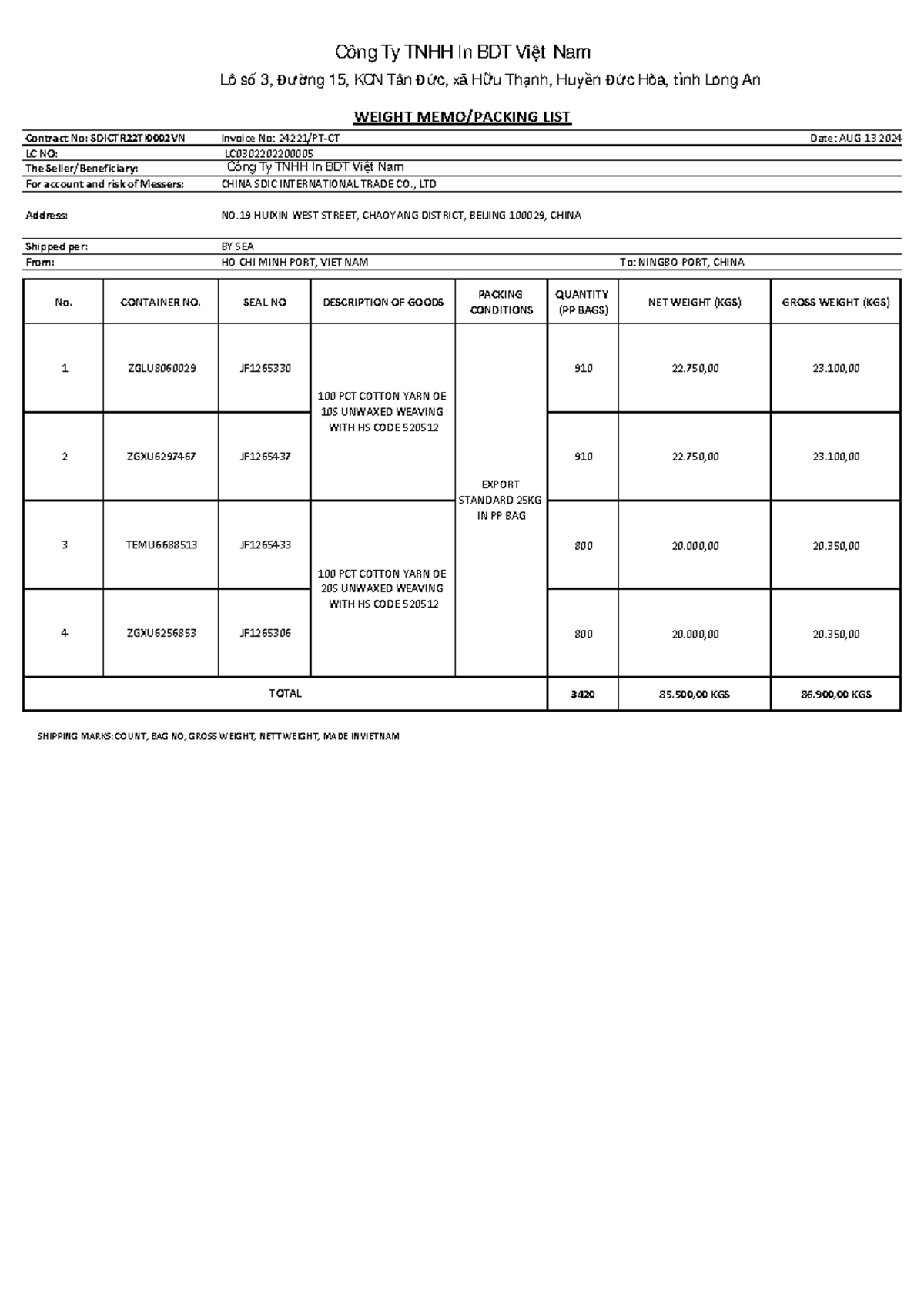 PKL 24221 - Weight List for VIET LOGISTICS TRAINING Co. - Studocu