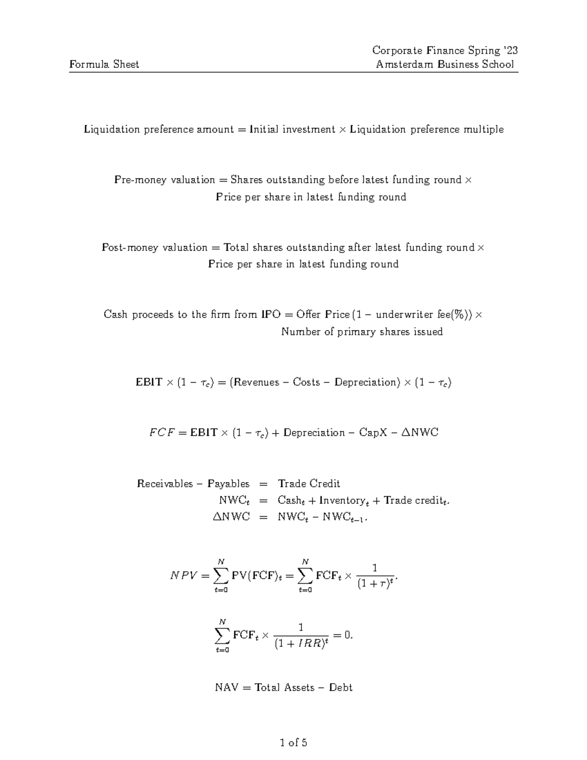 Financial Formula Sheet (ABS) for Business Valuation Essentials ...