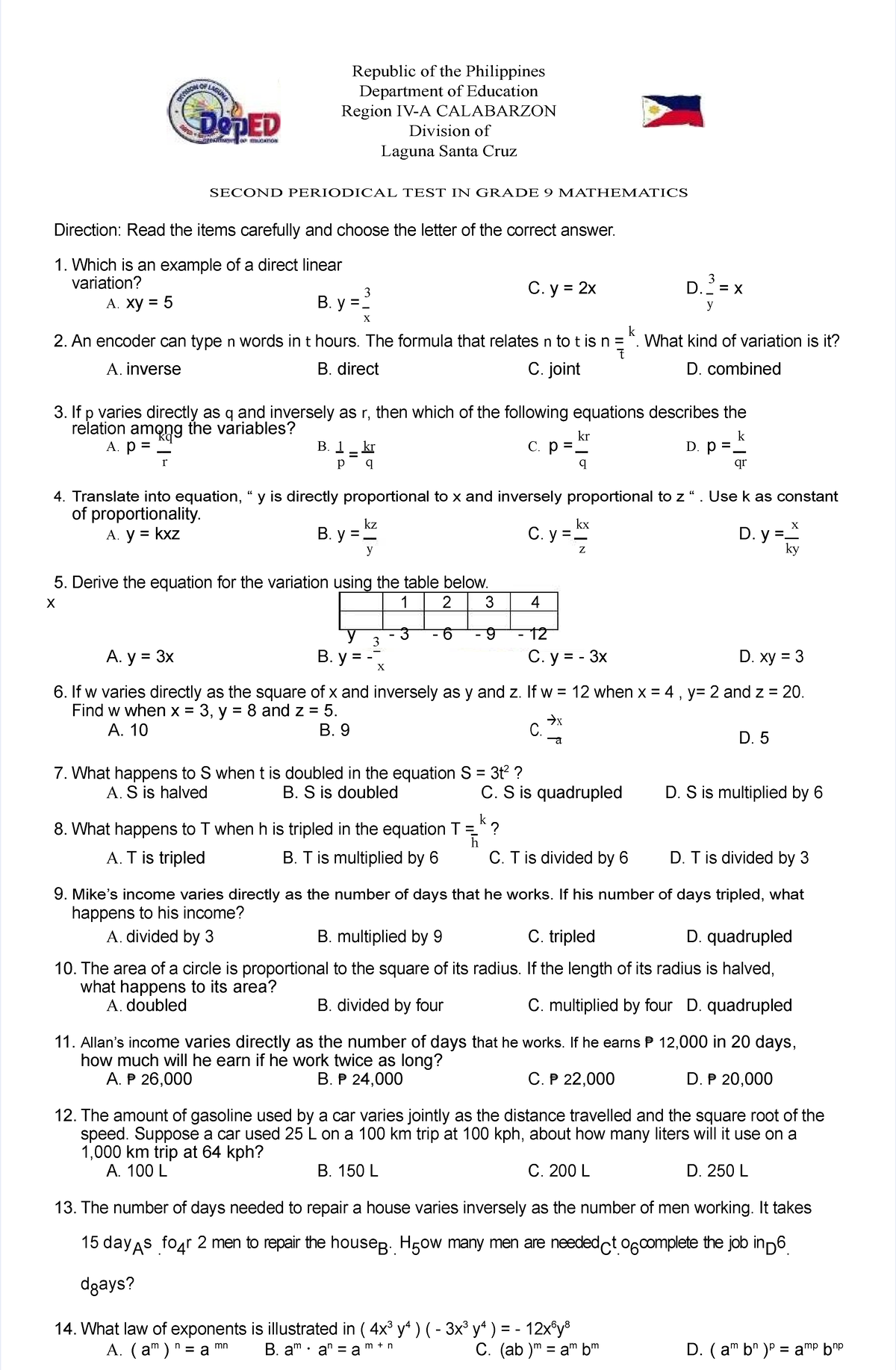 Pdf second periodical test in grade 9 mathematics - Republic of the ...