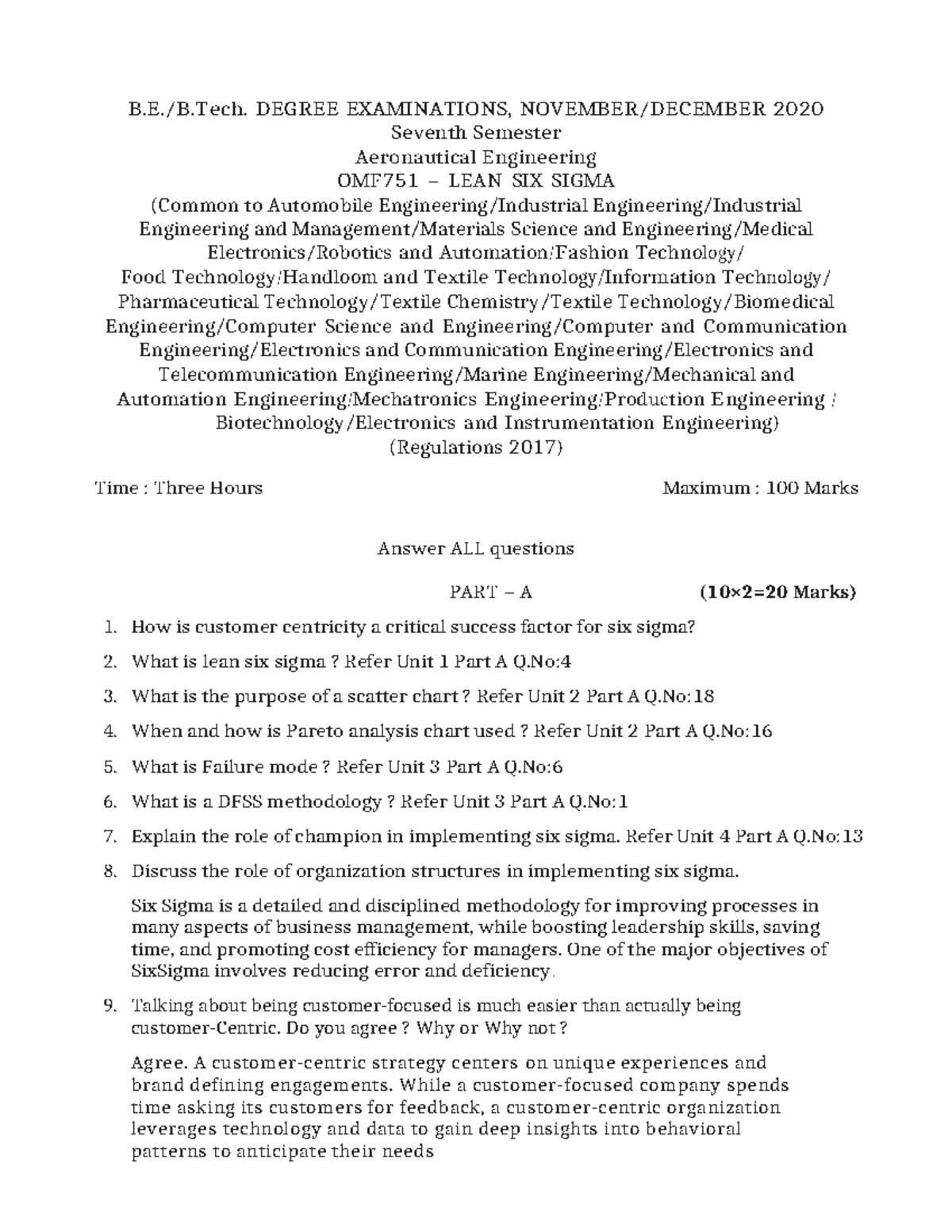 ANNA UNIV QP (OMF751) - Lean Six Sigma Exam Questions & Insights - Studocu