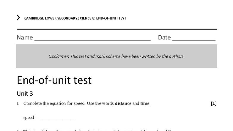 CAMBRIDGE LOWER SECONDARY SCIENCE 8: UNIT 3 TEST & MARK SCHEME - Studocu