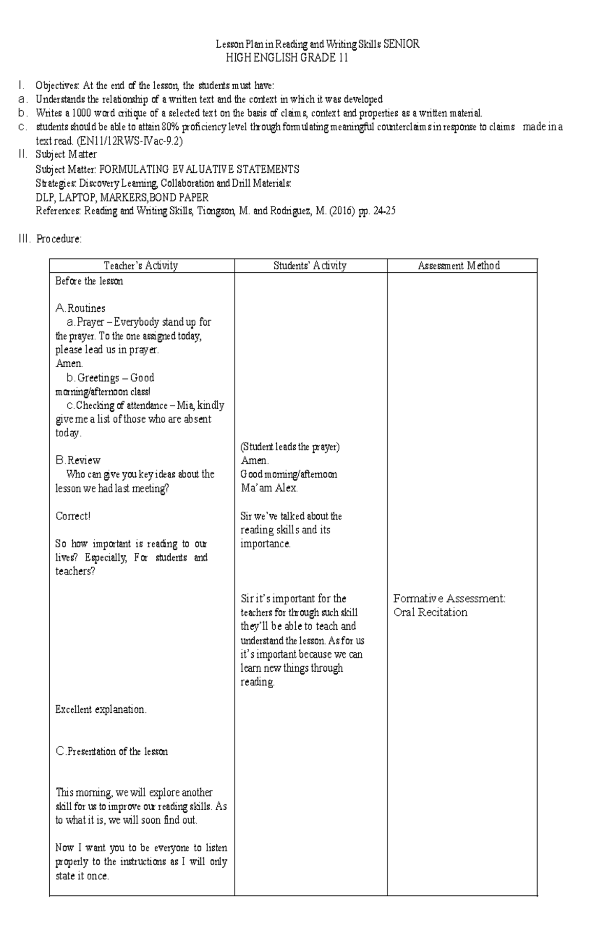 EN11/12RWS - Lesson Plan: Counterclaims in Reading & Writing Skills ...