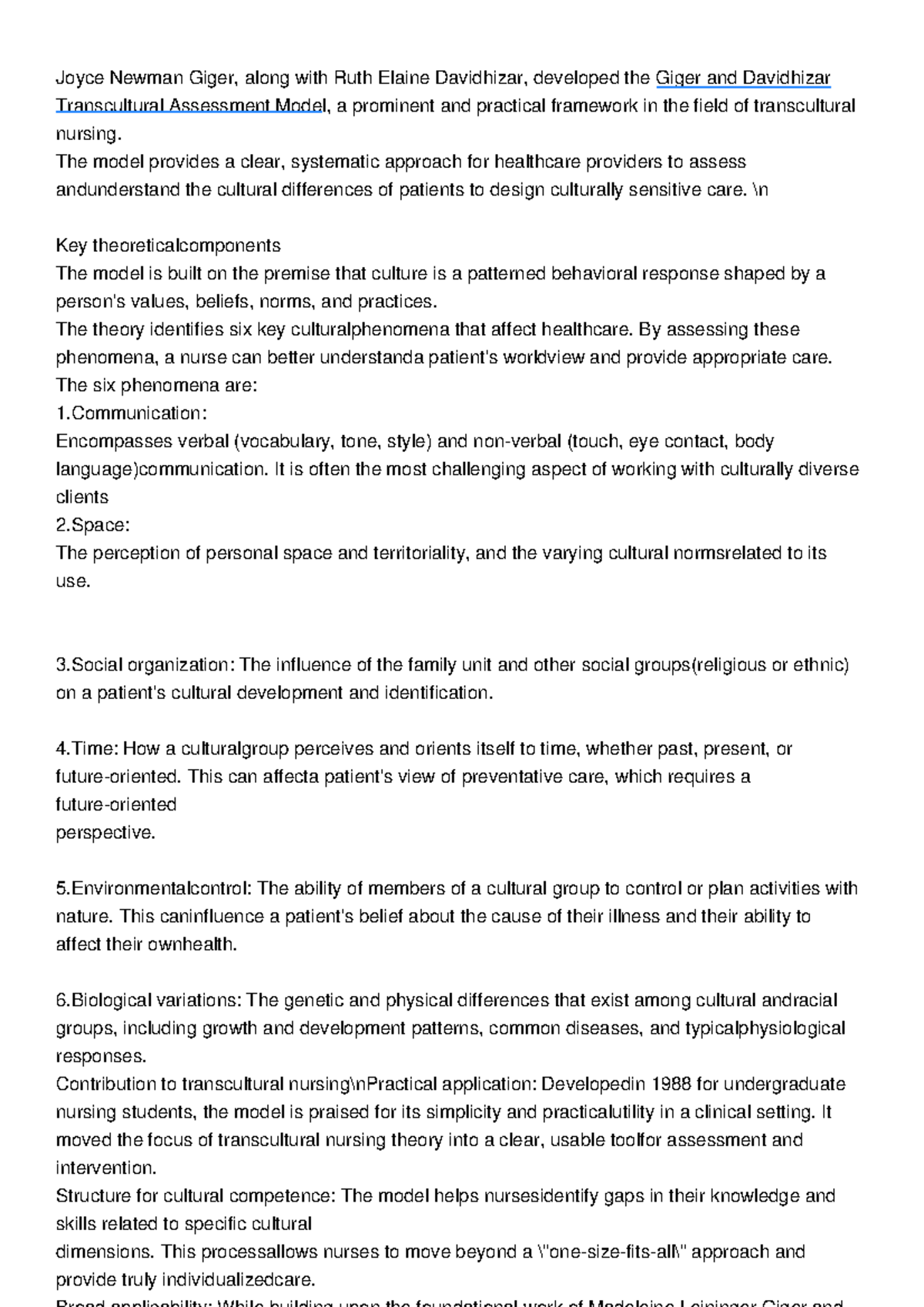 Giger & Davidhizar Transcultural Assessment Model Overview - Studocu