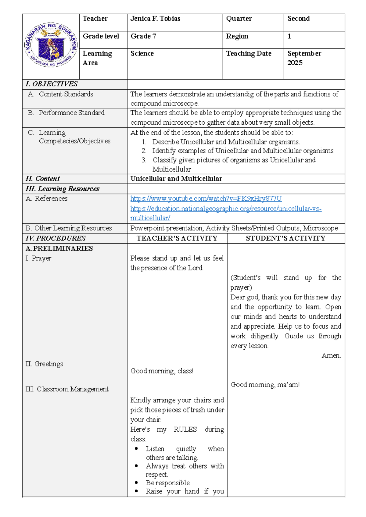 G7 - Lesson Plan on Unicellular and Multicellular Organisms - Studocu