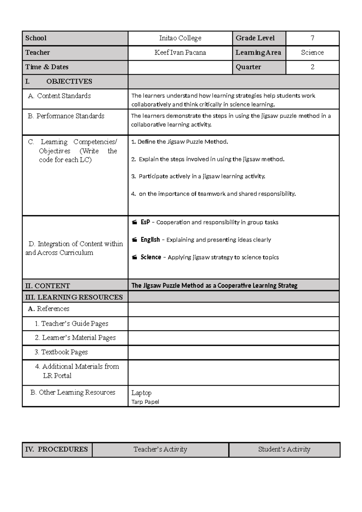 Final Science Lesson Plan (Grade 7) - Jigsaw Puzzle Method - Studocu