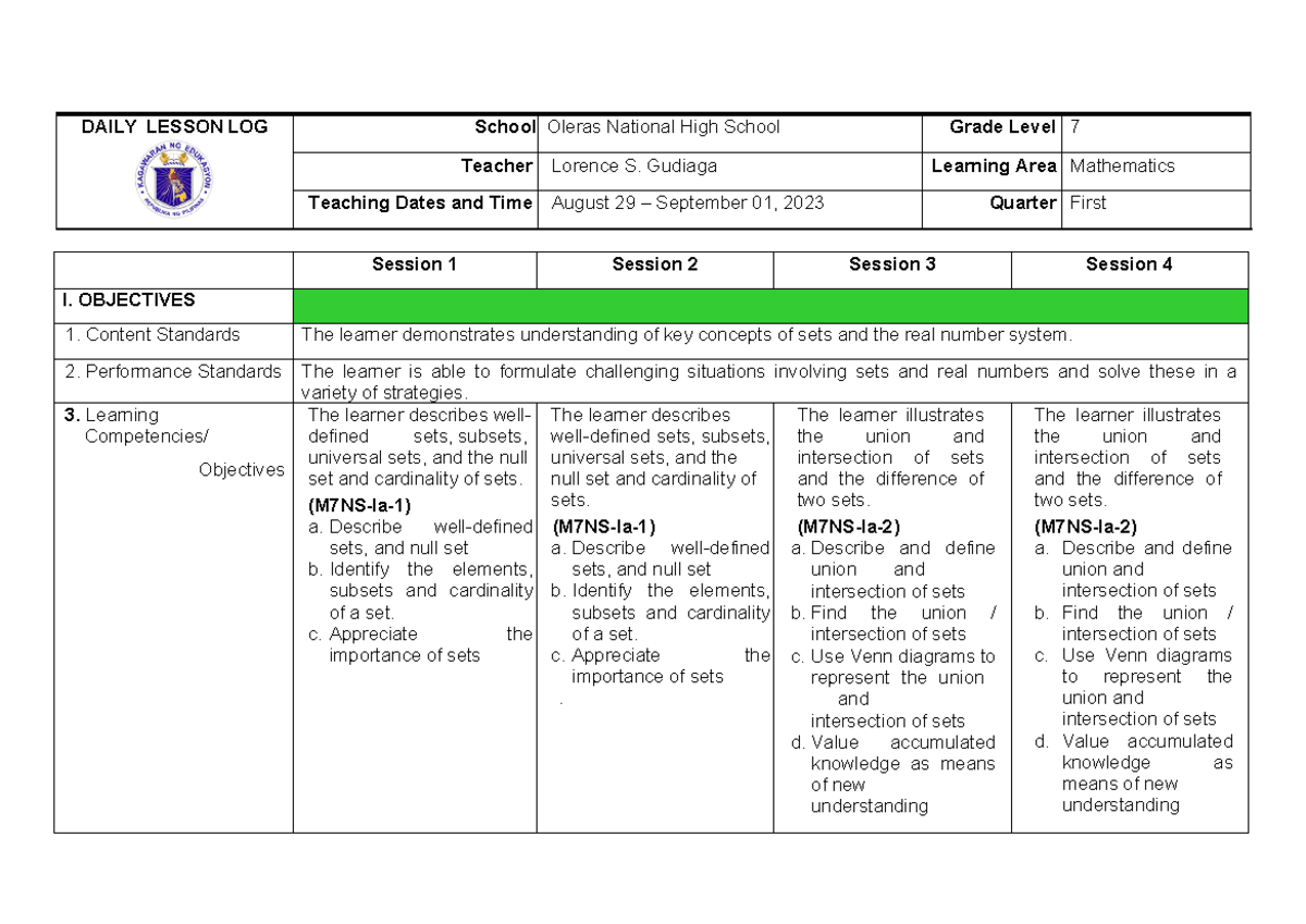 WEEK 1 - MATHEMATICS DAILY LESSON LOG (G7) - Studocu