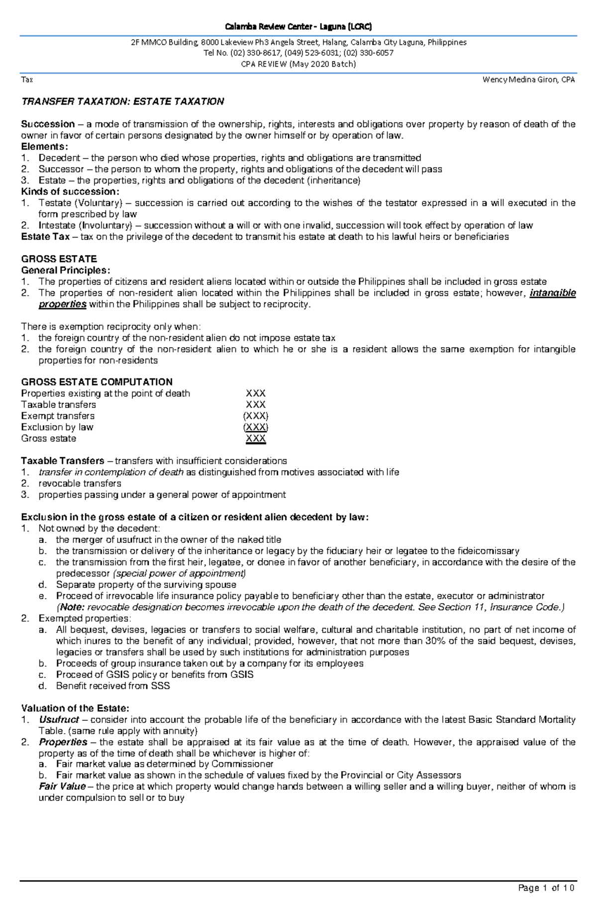 Estate Taxation Review Notes (CPA REVIEW May 2020 Batch) - Studocu