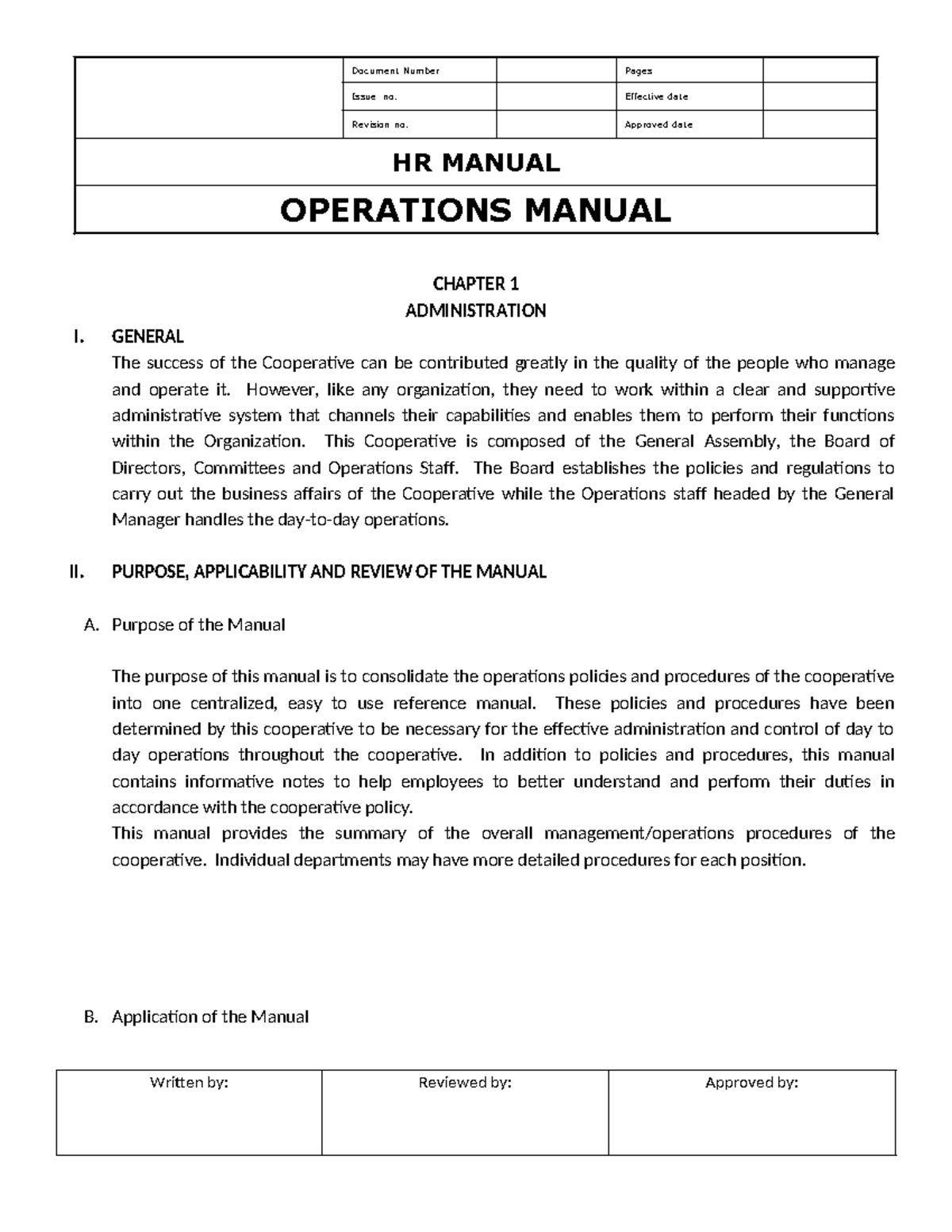 HR MANUAL OPERATIONS MANUAL: CHAPTER 1 - ADMINISTRATION - Studocu