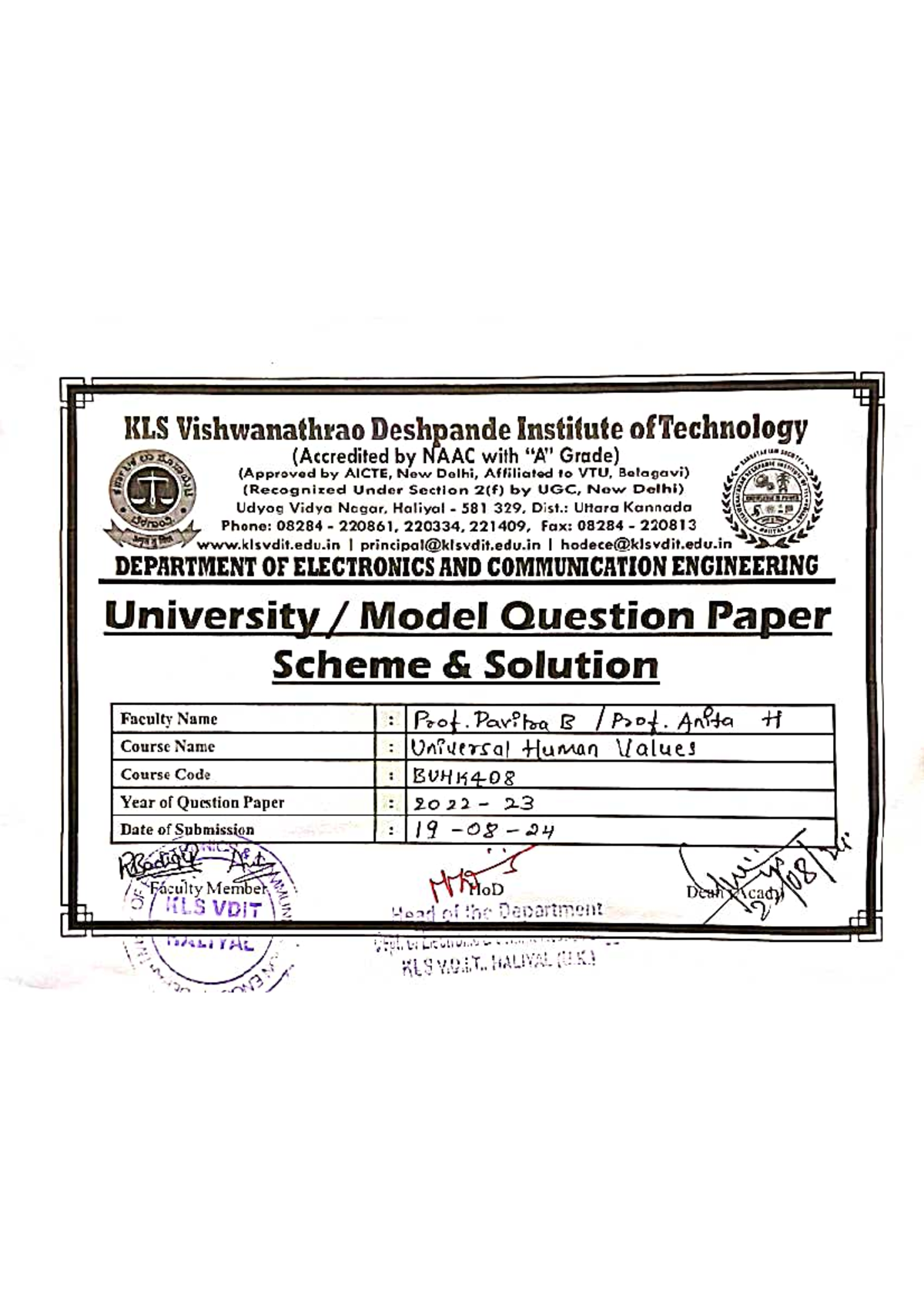 Model Question Paper for Universal Human Values (BUHK408) - Studocu