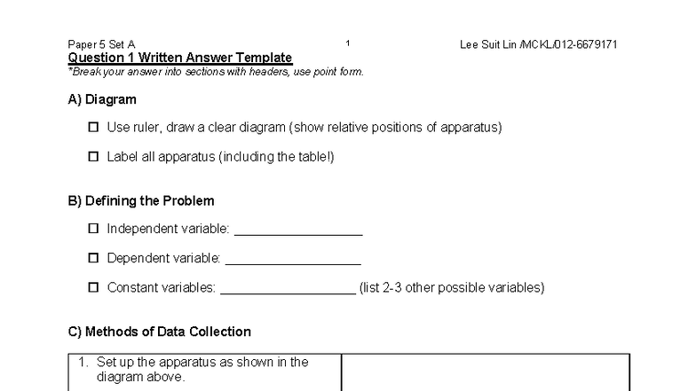9702 A2 Physics Paper 5 Set A Written Answer Template - Studocu
