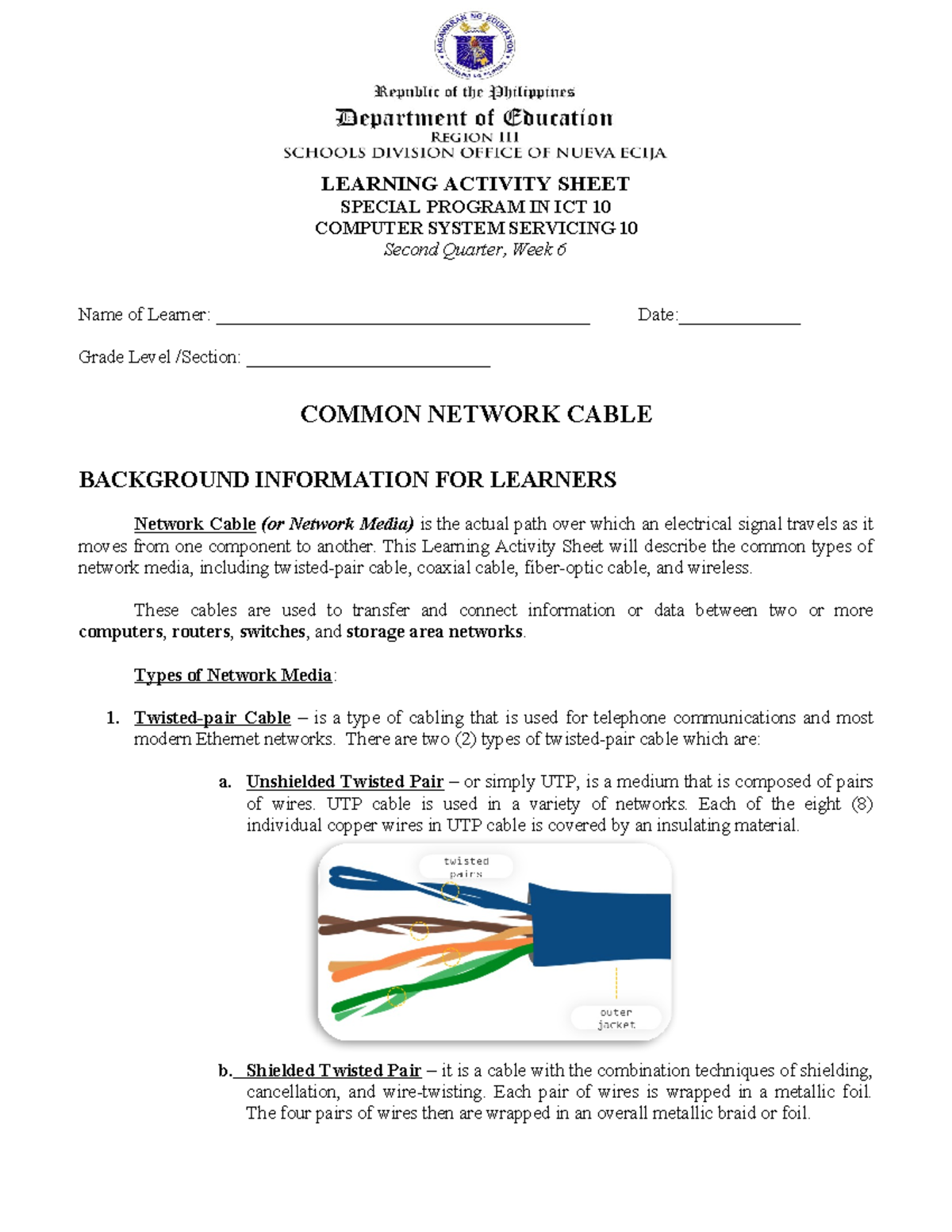 ICT 10 Learning Activity Sheet: Common Network Cables Overview - Studocu