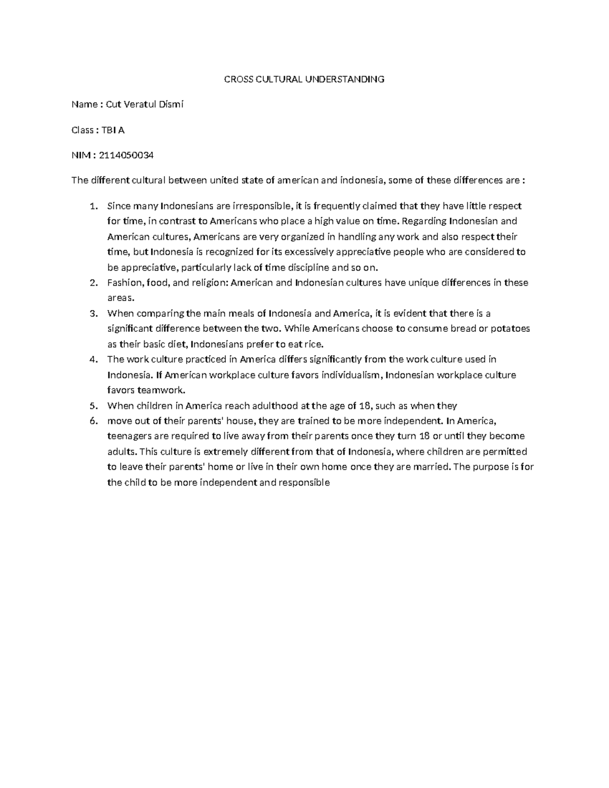 CROSS CULTURAL UNDERSTANDING: USA vs. Indonesia - TBI A Essay Notes ...