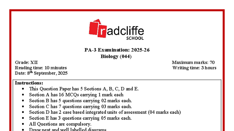 PA3-G12-Biology Final Exam Question Paper (044) - September 2025 - Studocu
