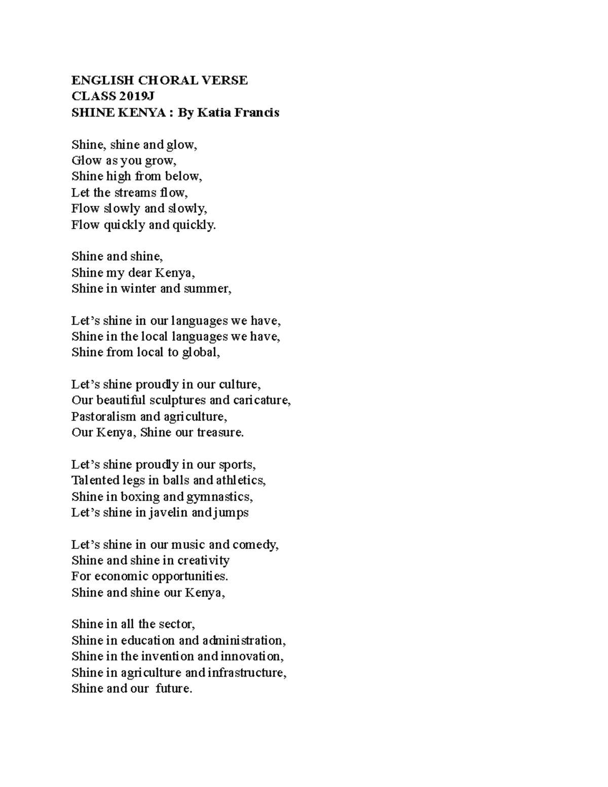 ENGLISH CHORAL VERSE CLASS 2019J: Shine Kenya Poem Analysis - Studocu