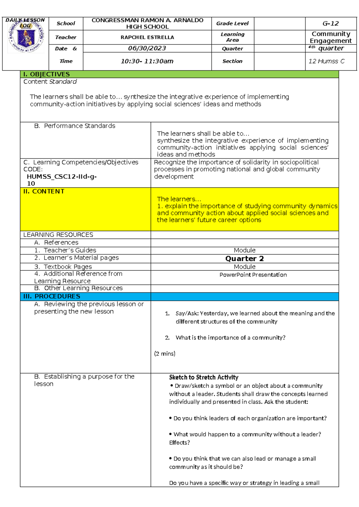 Community Engagement Lesson Plan C.O 4th Quarter - Grade 12 - Studocu