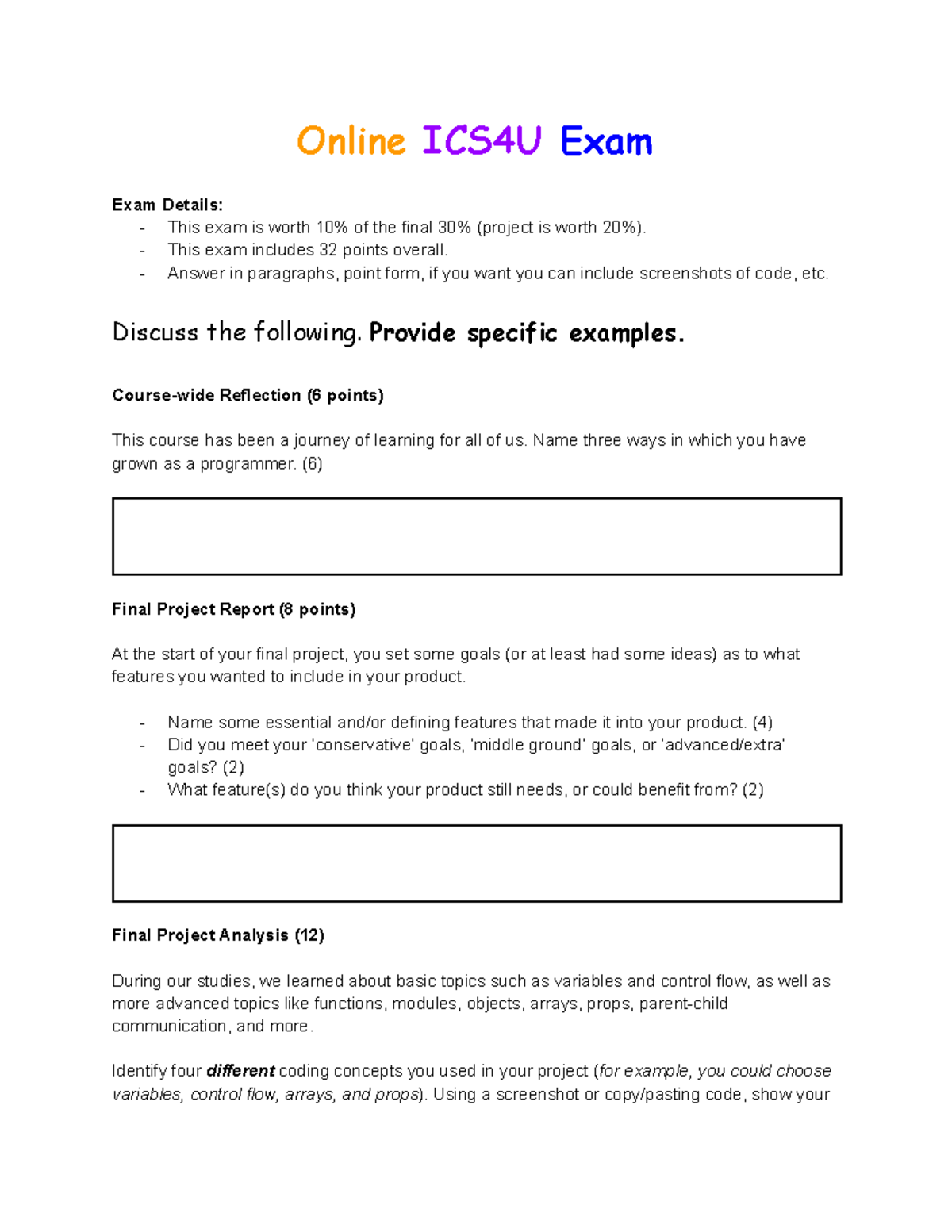 ICS4U Final Exam Reflection & Project Details 2024 - Studocu