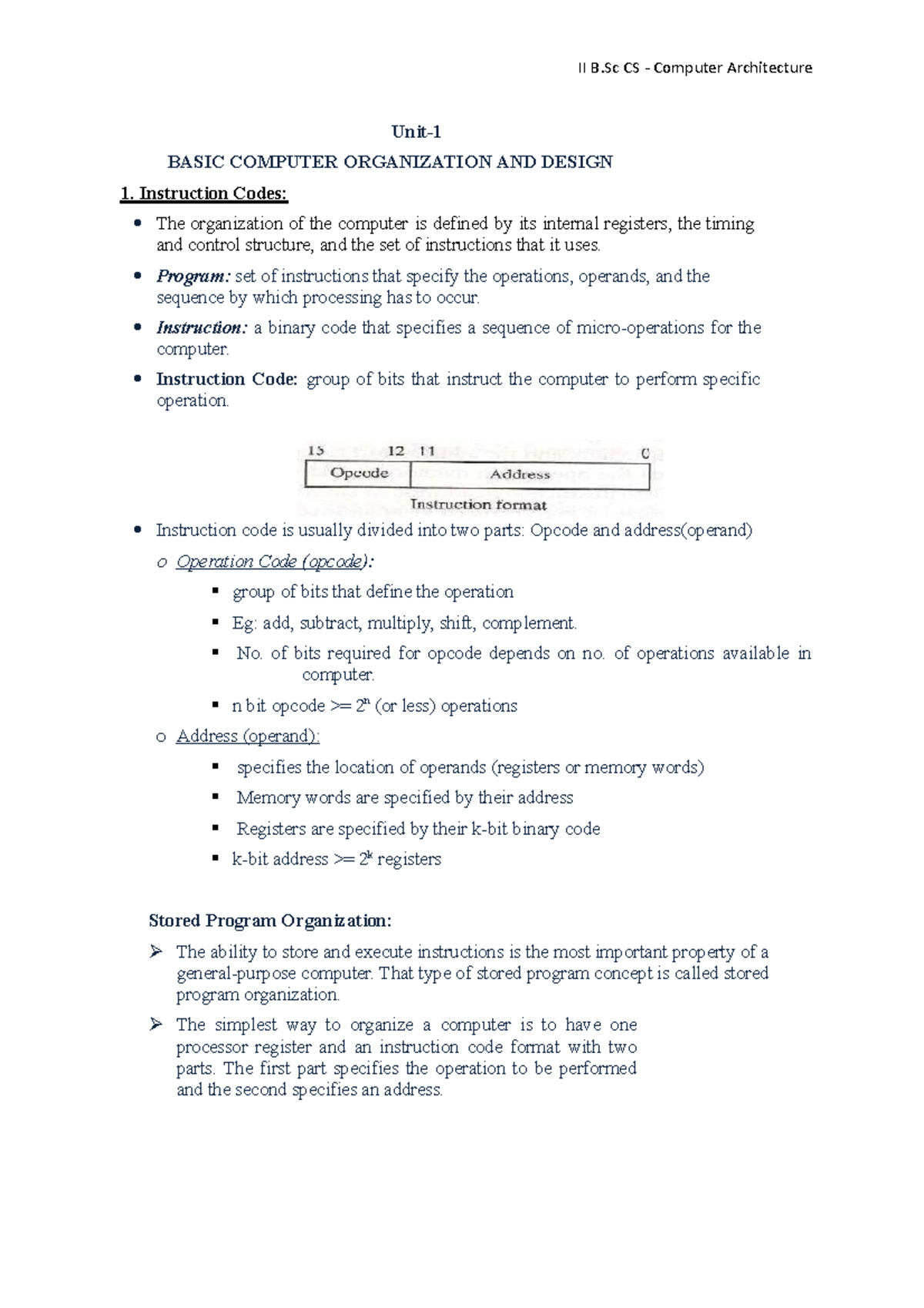 II BSc Computer Architecture - II B CS - Computer Architecture Unit- BASIC COMPUTER ORGANIZATION ...