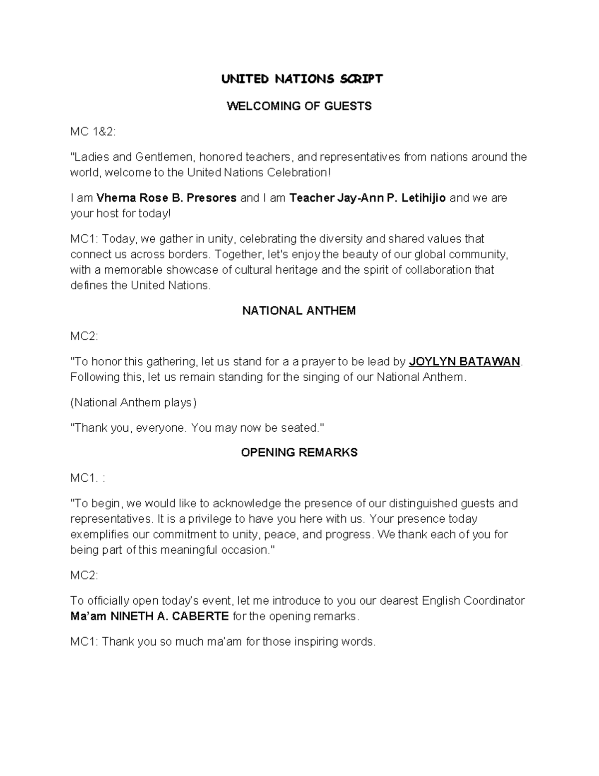 UN 2 - MC SCRIPT: UNITED NATIONS CELEBRATION GUIDE - Studocu