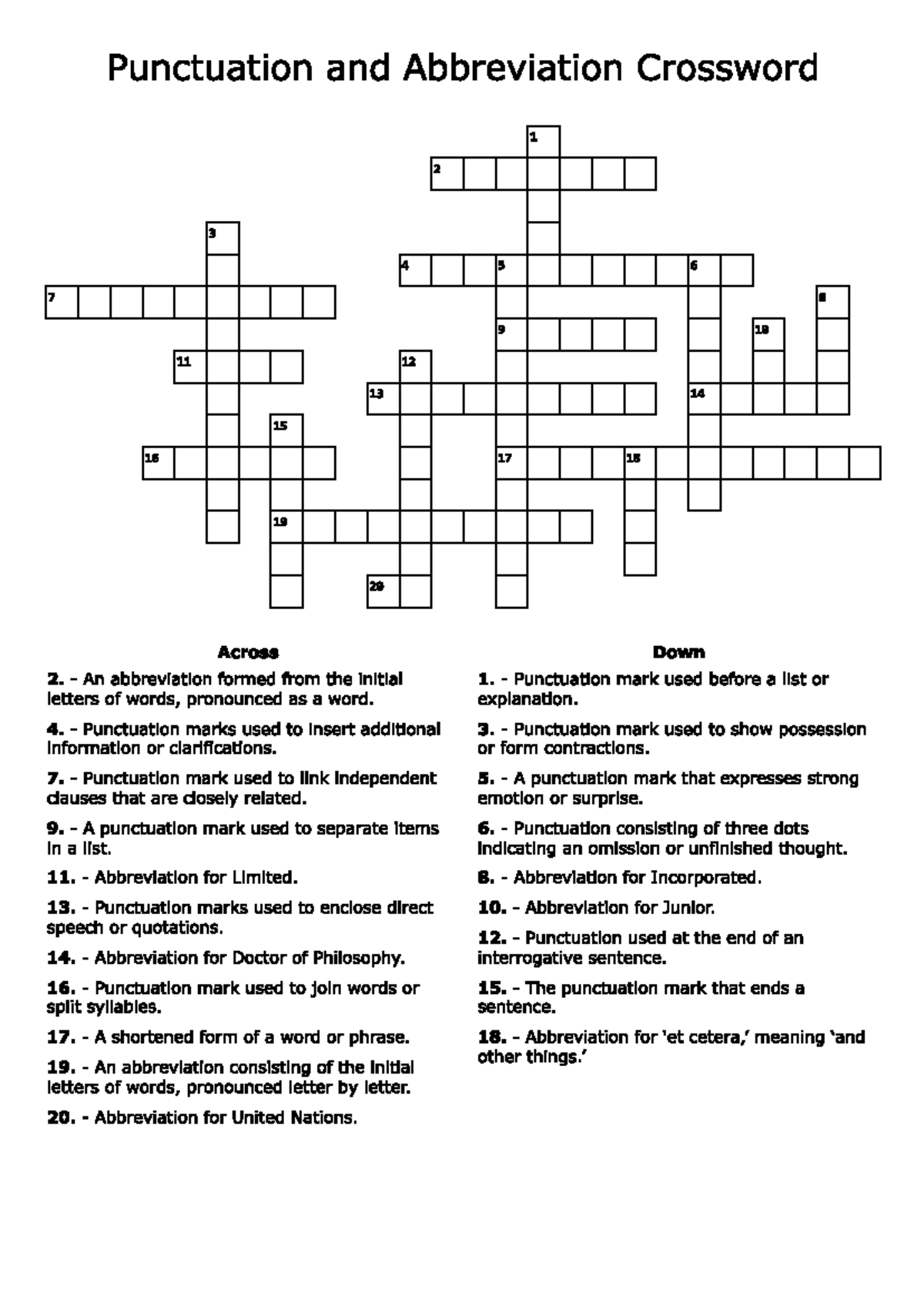 Crossword Puzzle: Punctuation & Abbreviations Guide - Studocu