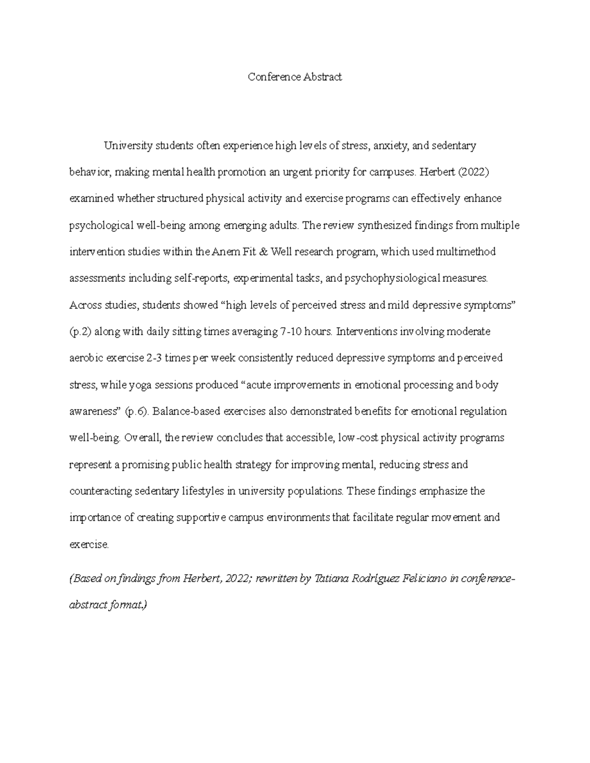 Conference Abstract: Enhancing Mental Health Through Physical Activity ...