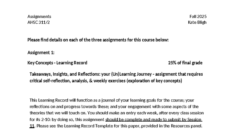 Assignments Overview for AHSC 311 - Fall 2025 by Kate Bligh - Studocu