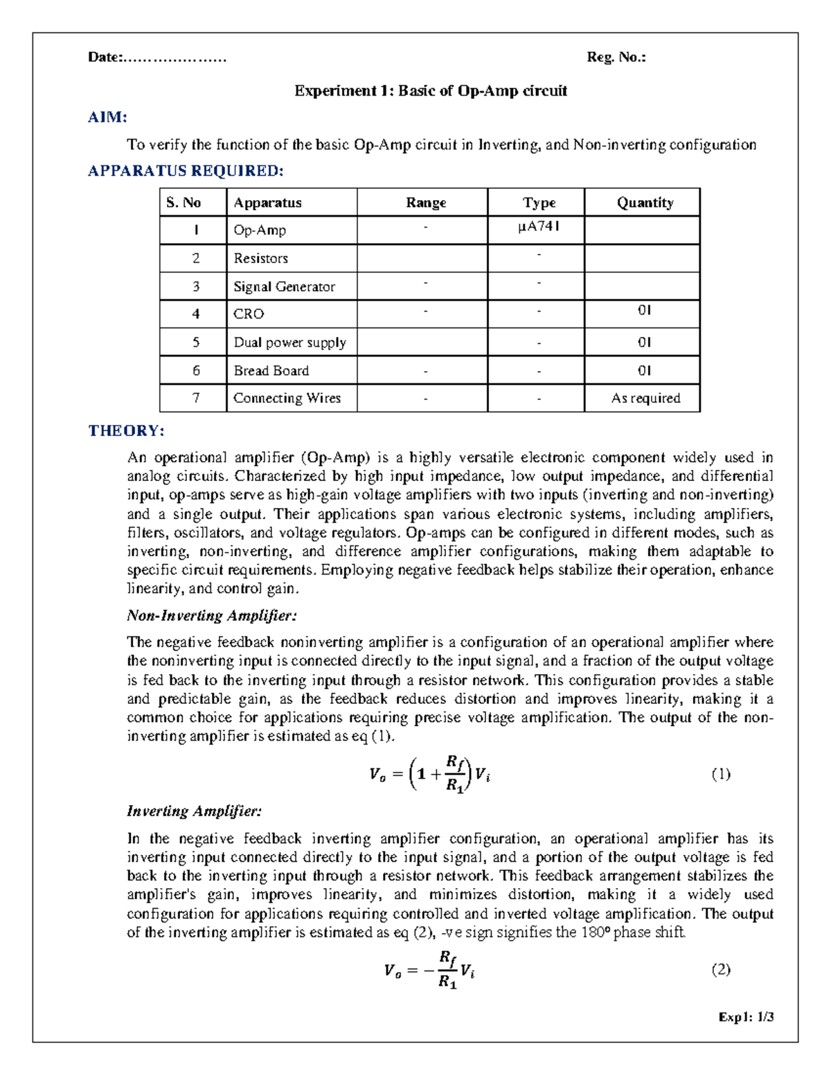 Exp1: Basic Circuit Verification in Inverting Configuration - 21BMC205J ...