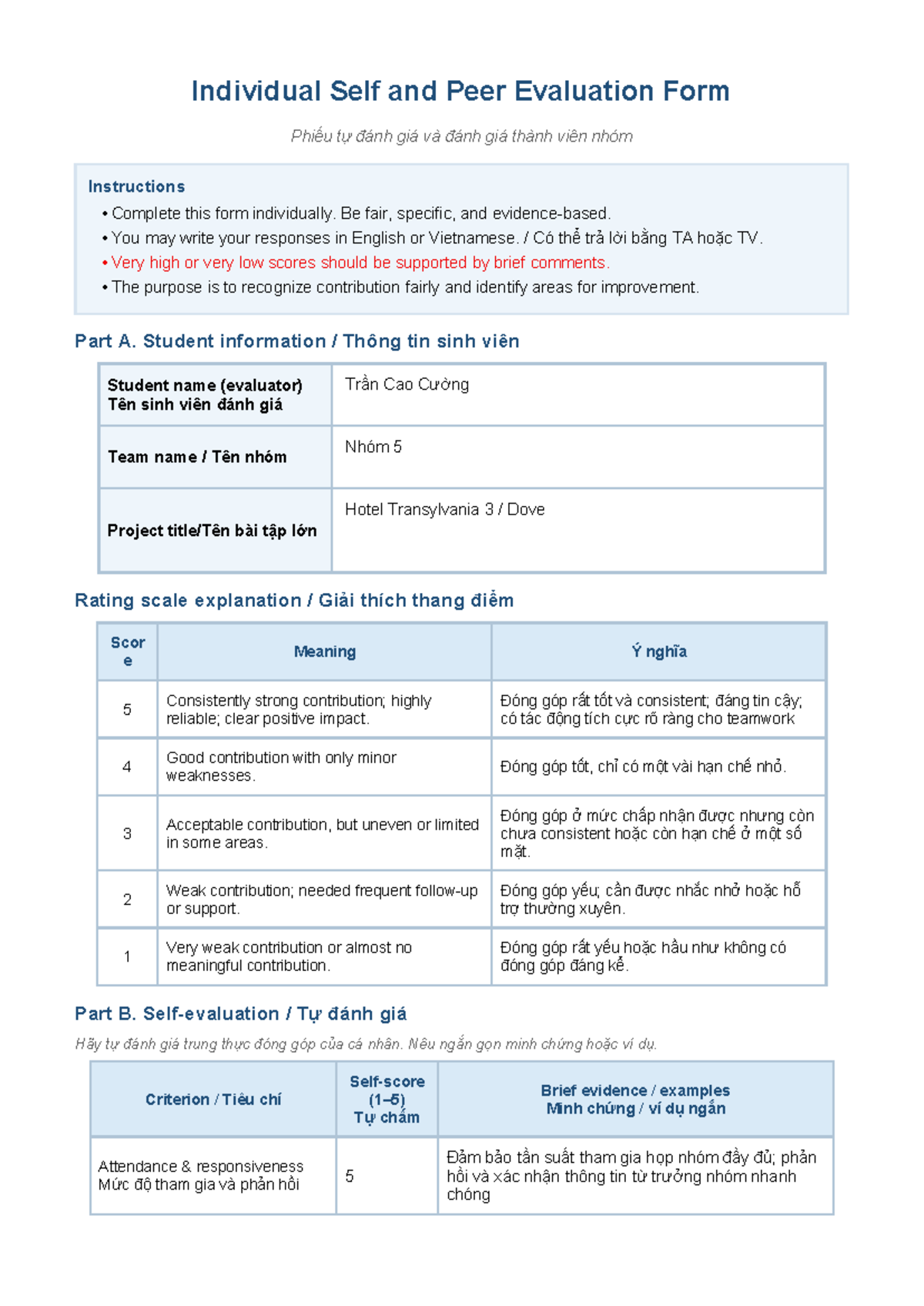 2026 Individual Self and Peer Evaluation Form - Group Project ...