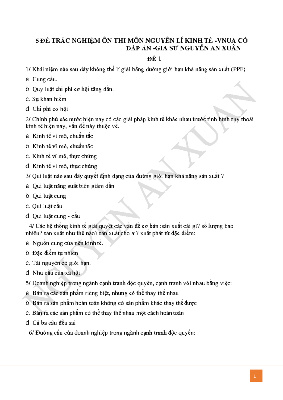 5 ĐỀ THI TRẮC NGHIỆM NGUYÊN LÍ KINH TẾ - VNUA CÓ ĐÁP ÁN - Studocu