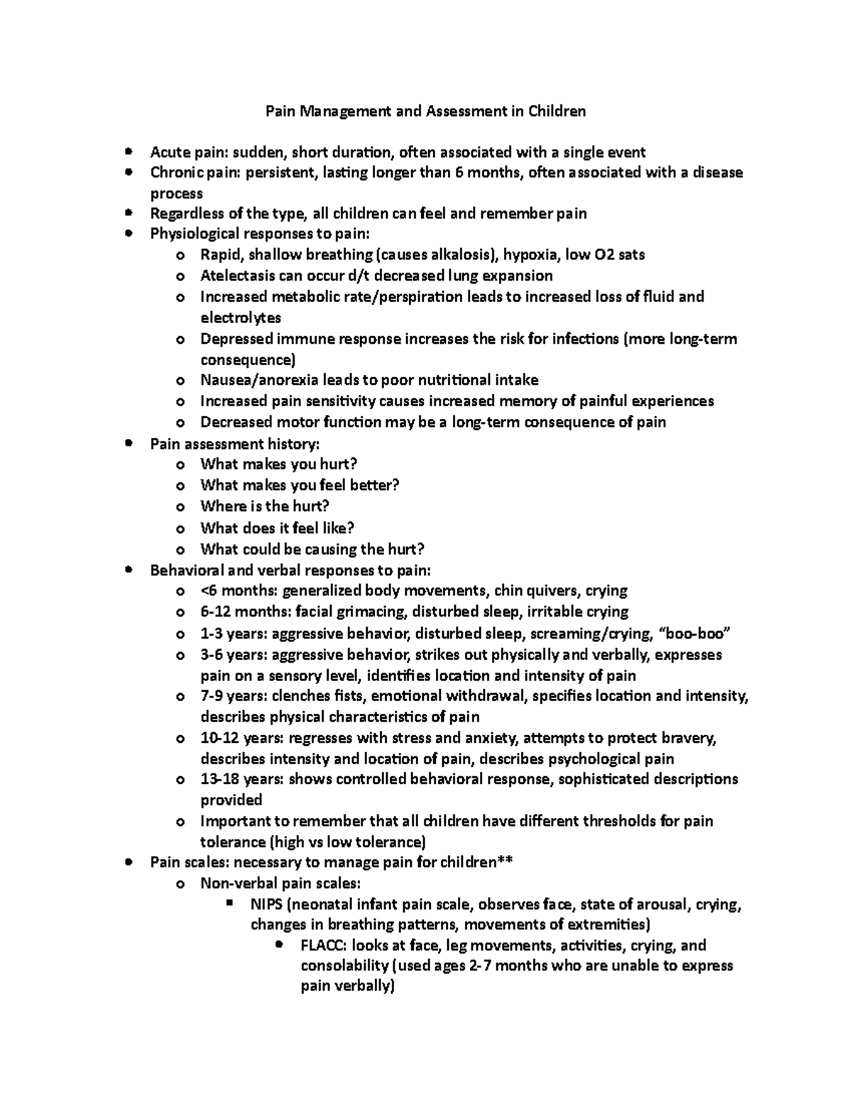 Pediatric nursing lecture notes exam 1 - Pain Management and Assessment ...