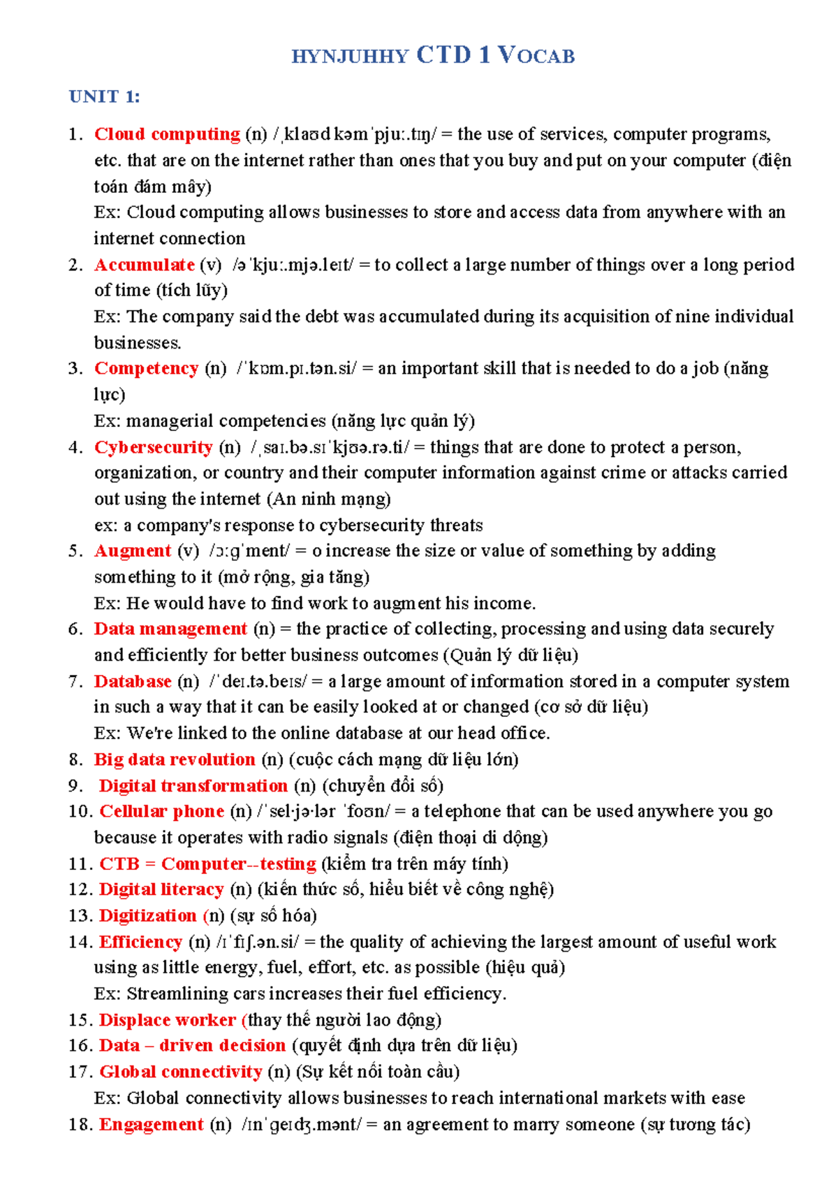 CTD 1 Vocabulary Unit 1: Key Terms and Definitions - Studocu