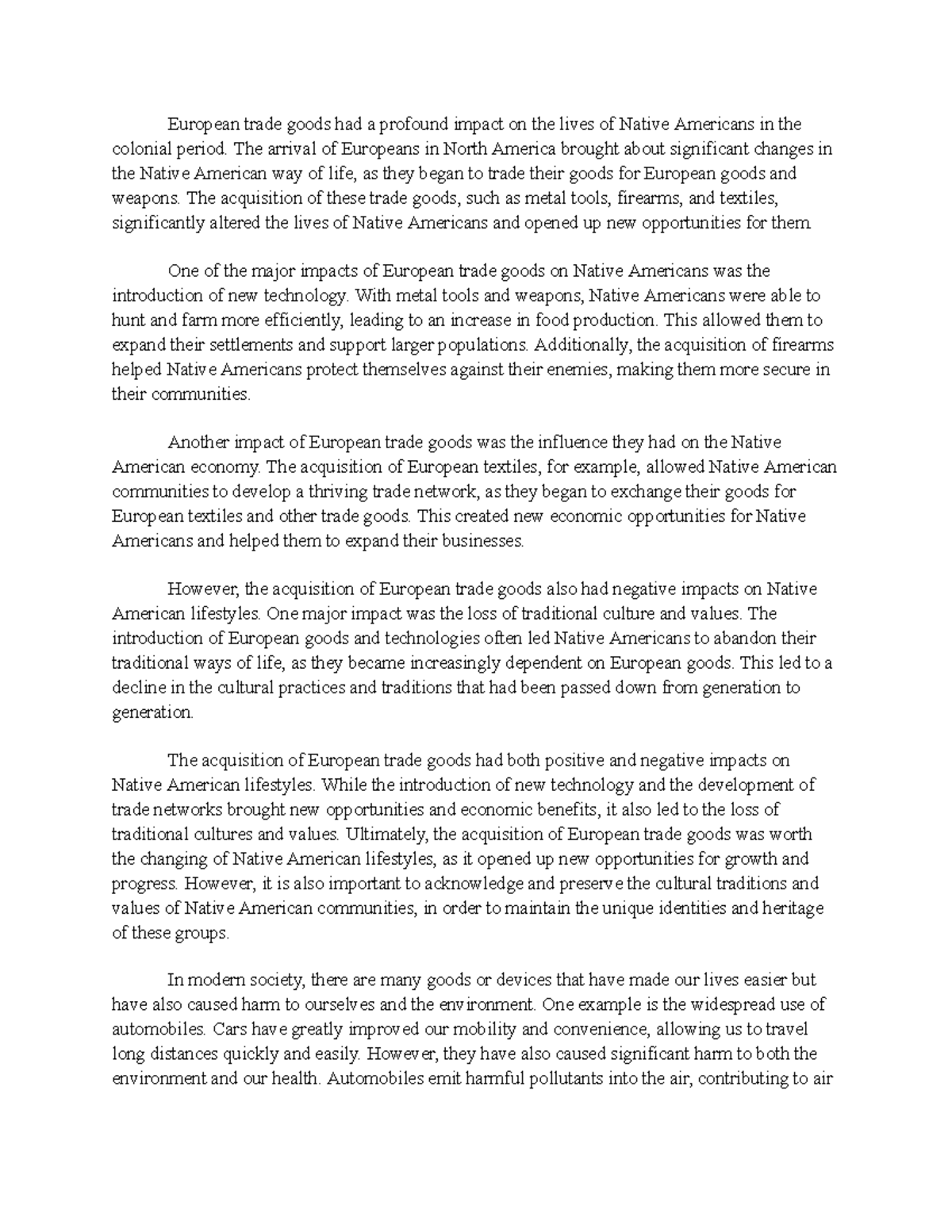 Native American History essay - European trade goods had a profound ...