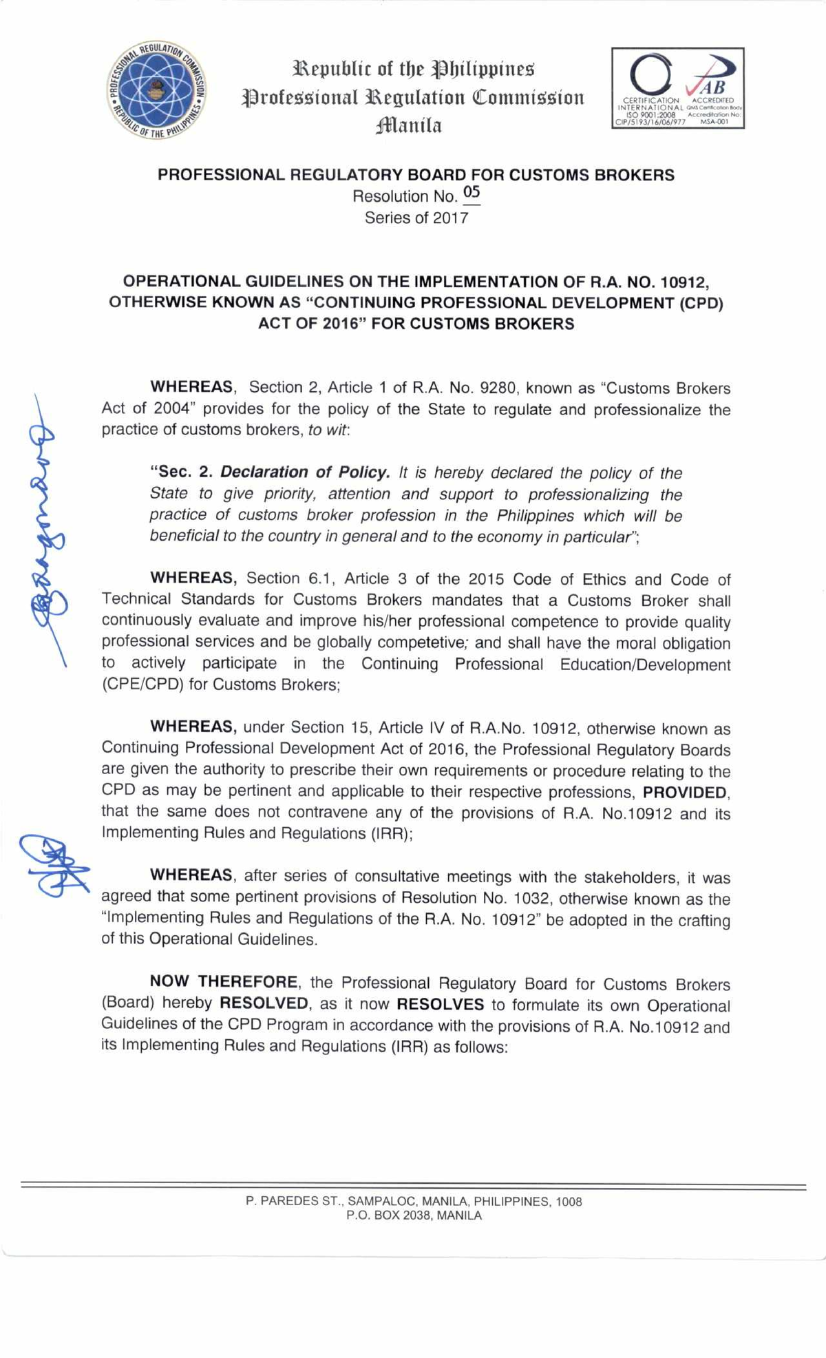 PRB Customs Broker Operational Guidelines R. No. 10912 (2017) - Studocu