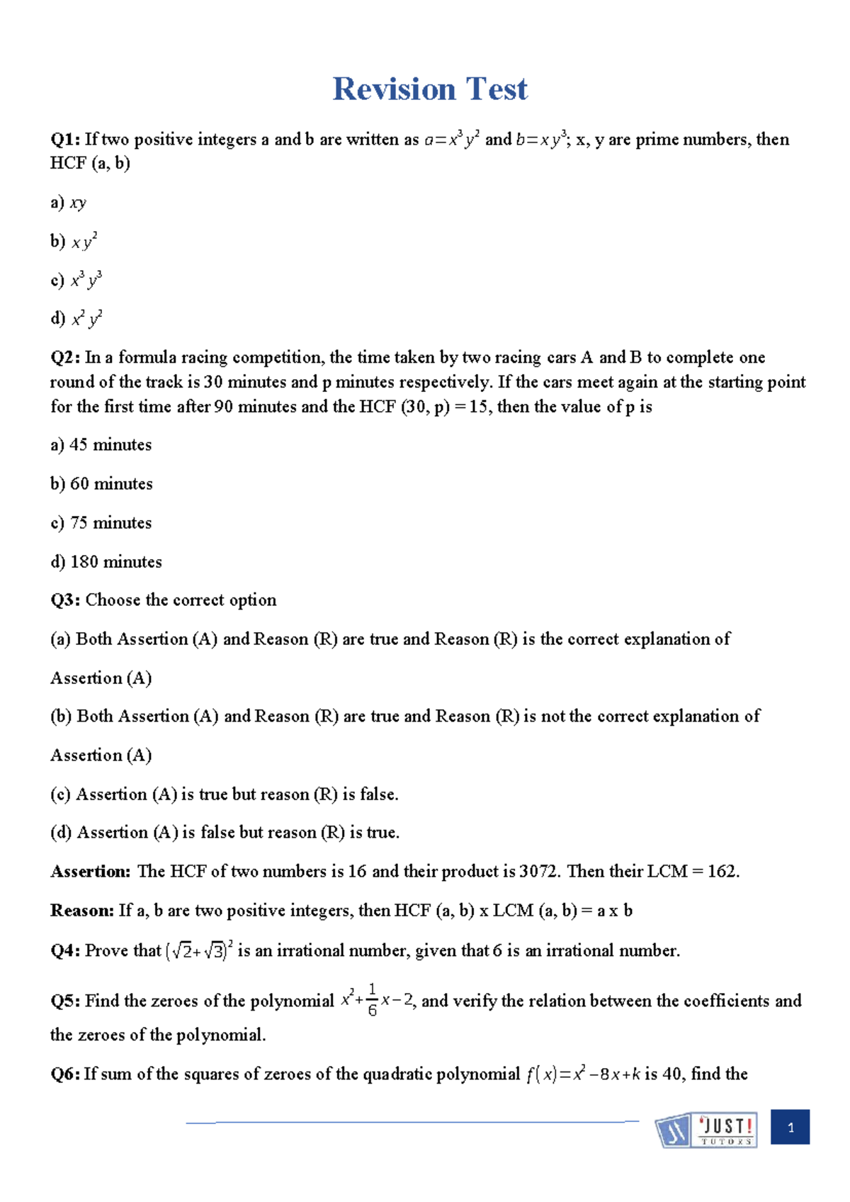 Revision Test Q1-Q6: HCF, LCM, and Irrational Numbers - Studocu