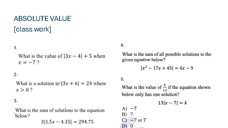 Absolute Value CW - kjgh,b, - Mathematics: Applications and ...