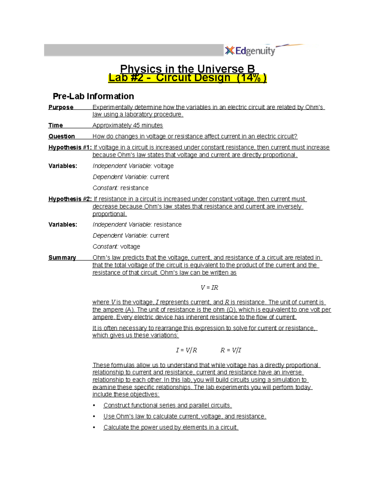 Circuit Design Lab #2: Exploring Ohm’s Law in Electric Circuits - Studocu