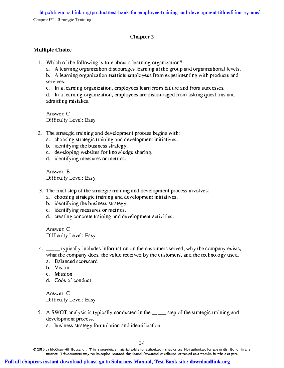 Quiz on Strategic Training - Chapter 02 (HRM 101) - Studocu