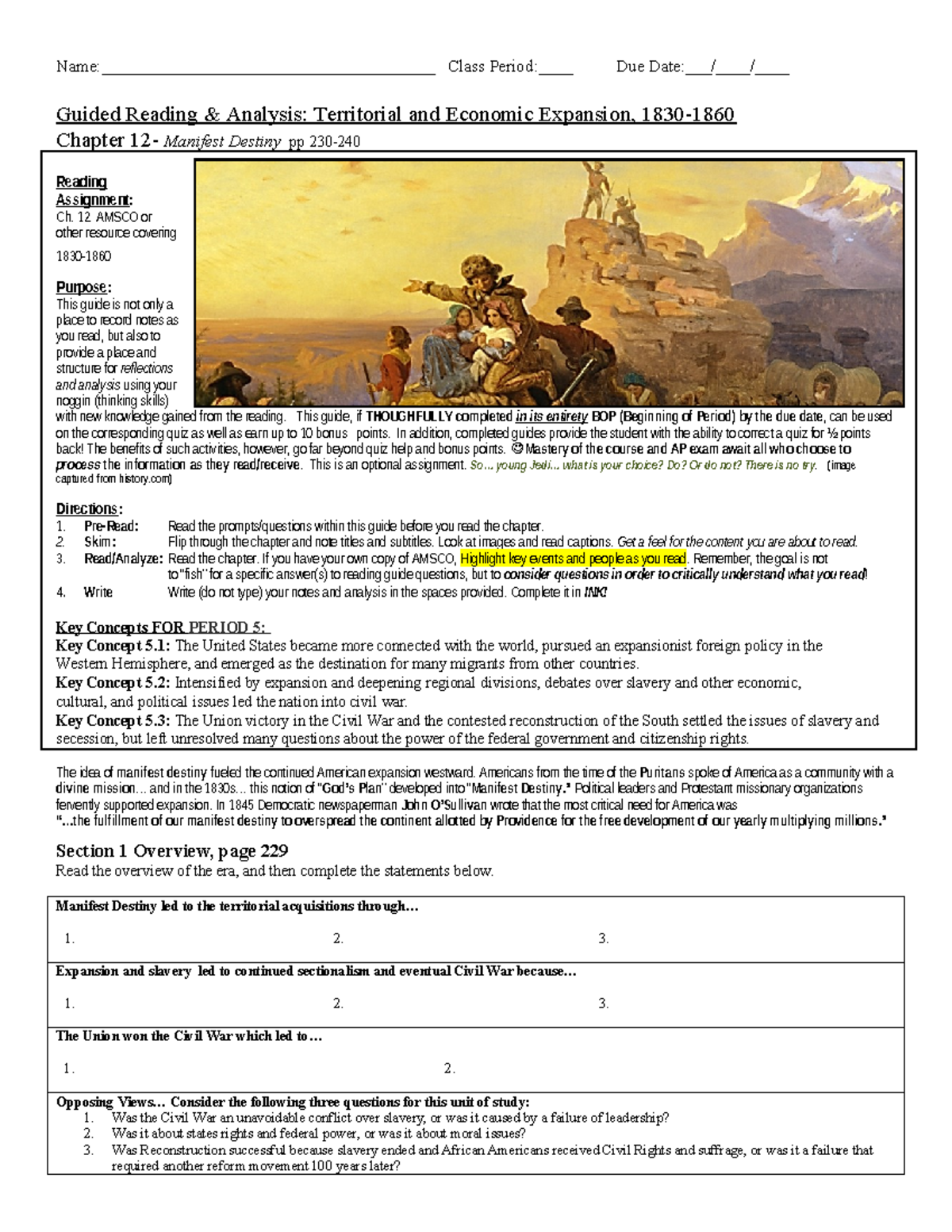 AMSCO 12 Guided Reading: Manifest Destiny & Economic Expansion Analysis ...