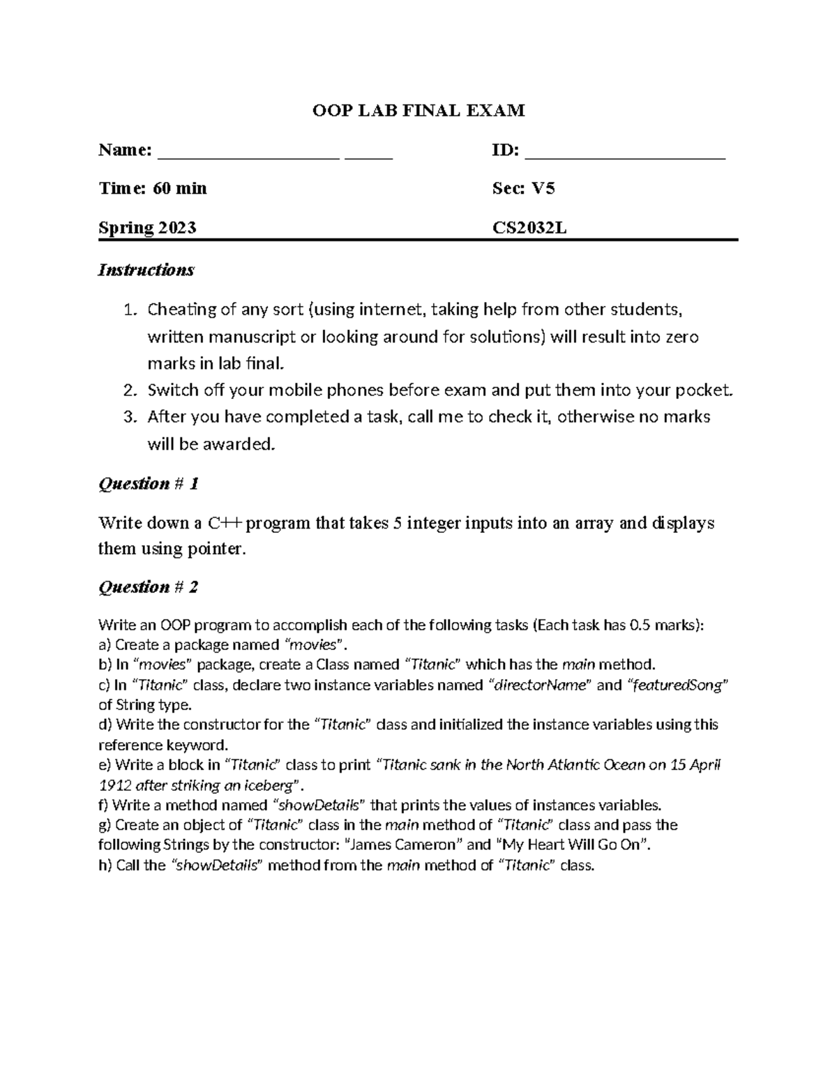 CS2032L OOP LAB Final Exam Questions and Guidelines for Spring 2023 - Studocu