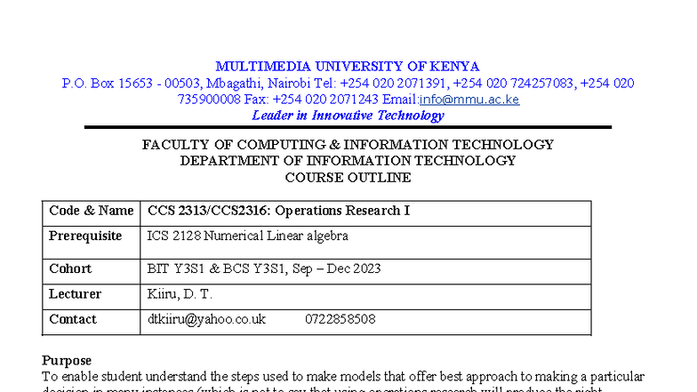 CCS Operations Research I Course Outline - BIT & BCS Y3S1 - Studocu