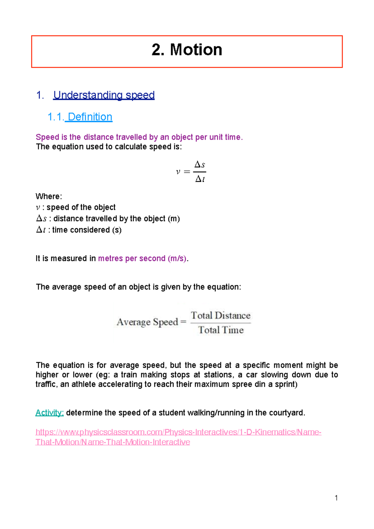 Motion Notes: Understanding Speed and Velocity Concepts - Studocu